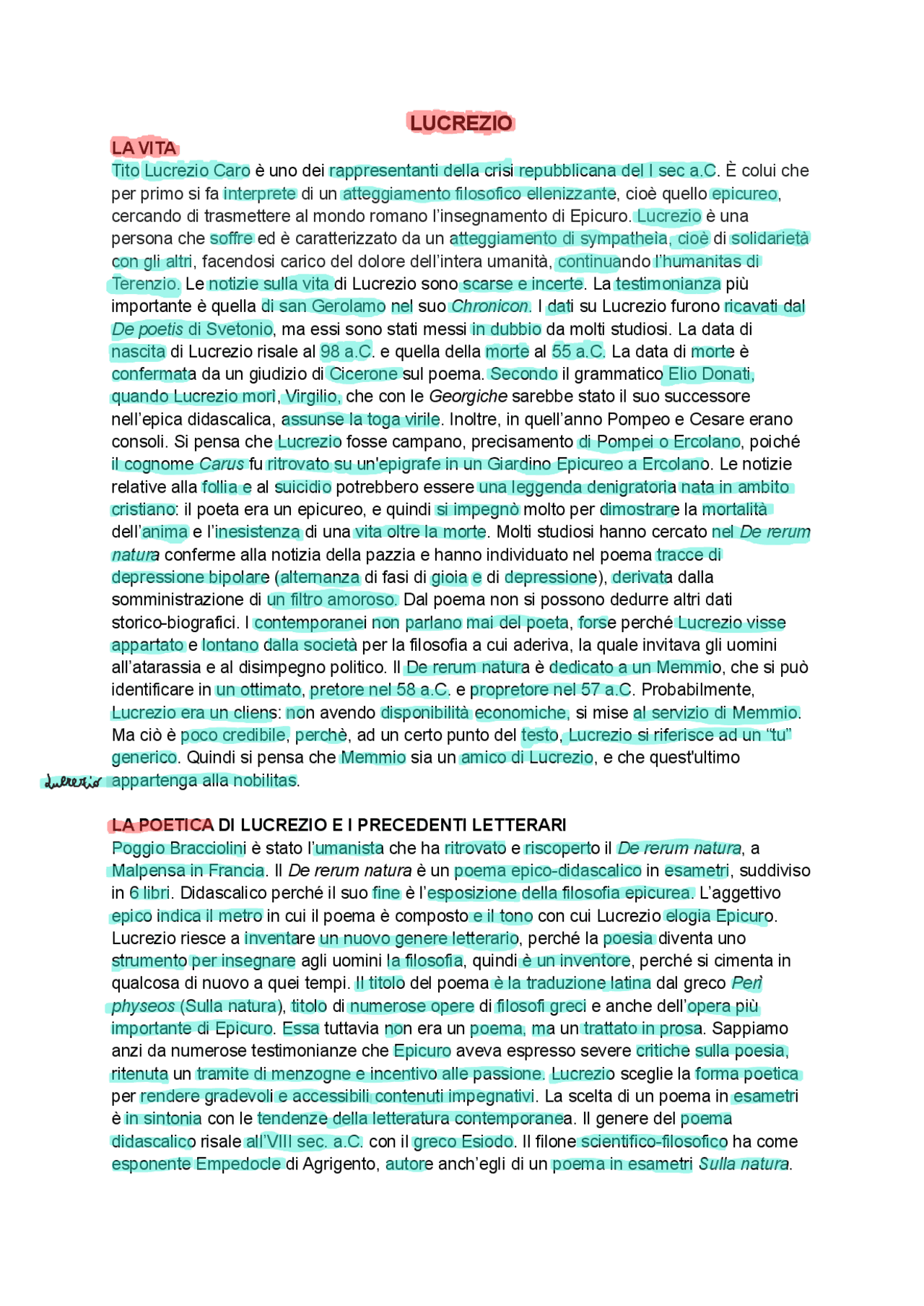 Riassunto poeta Lucrezio - Docsity