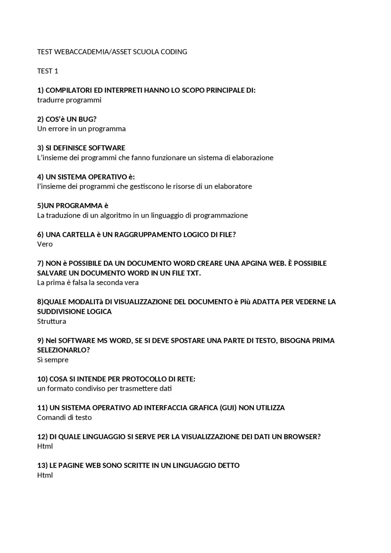Test 1 Coding Di Asset Scuola Webaccademia Docsity