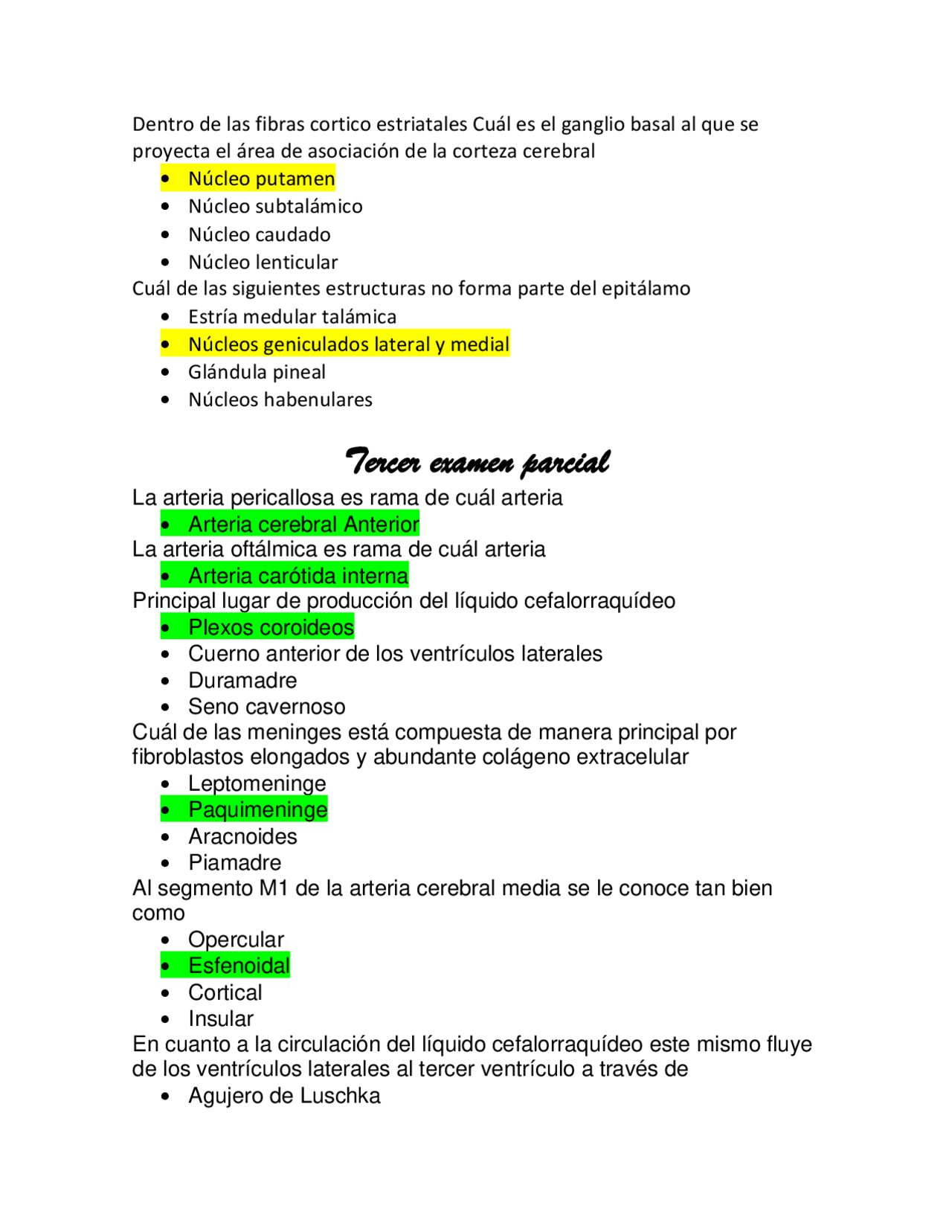 Examen 3er Parcial Neuranatomía Ejercicios De Neuroanatomía Docsity