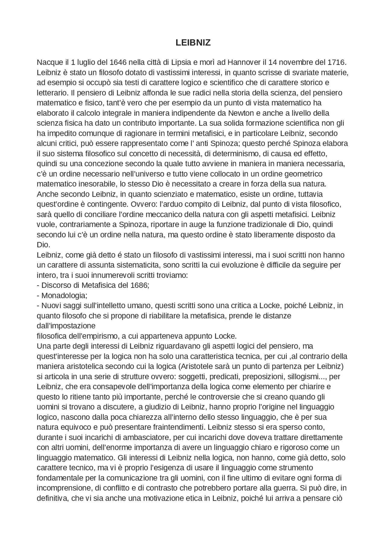 La filosofia di Leibniz - Docsity