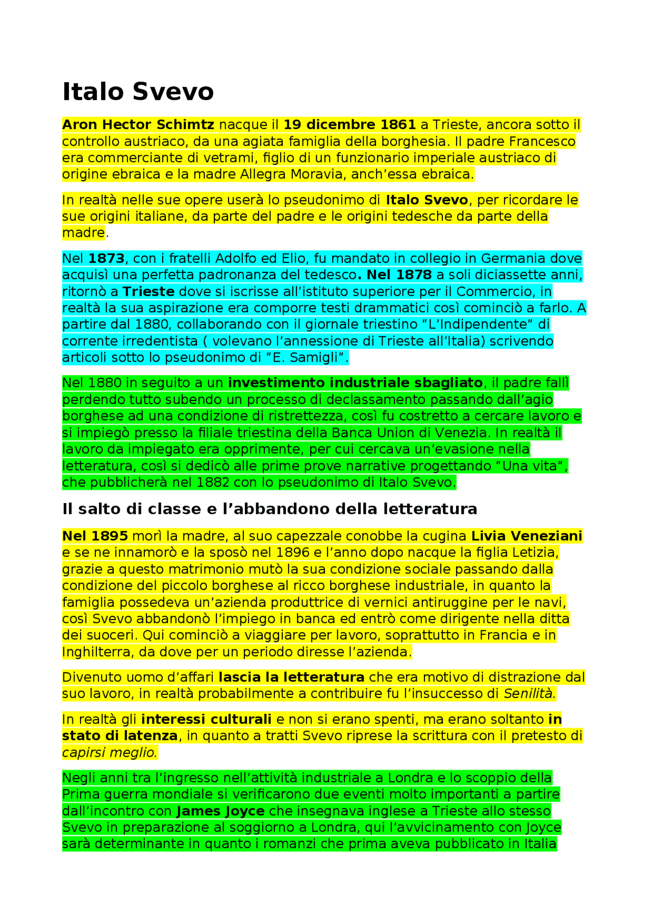 Appunti su Svevo e Pirandello Italiano - Docsity