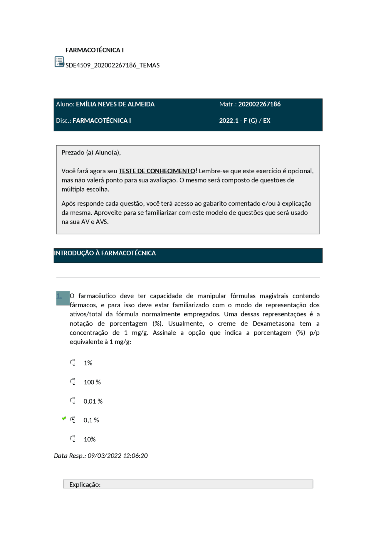 Exerciocio Em Farmacotecnica Ejercicios Farmacia Docsity