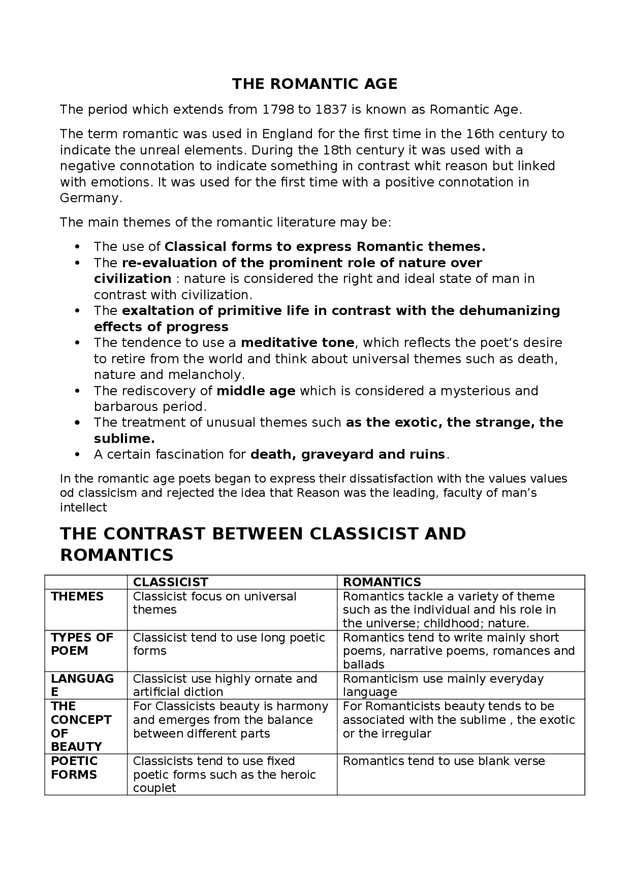 The romantic age : literature and poetry - Docsity