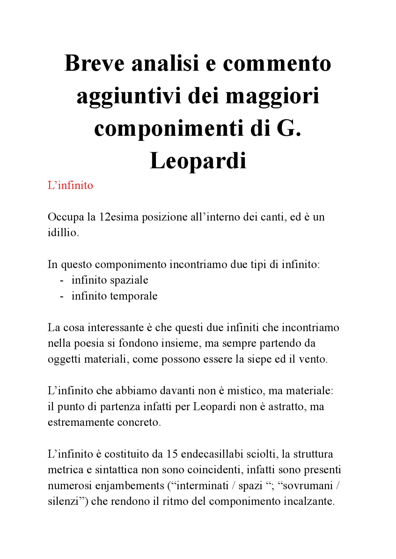 Analisi e commento dei maggiori componimenti di G. Leopardi - Docsity