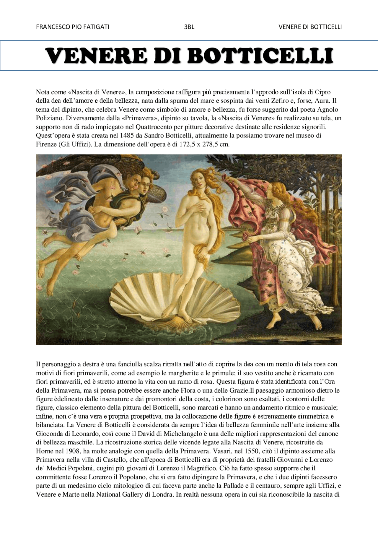 Venere di Botticelli - Appunti di Storia dell'Arte - Docsity