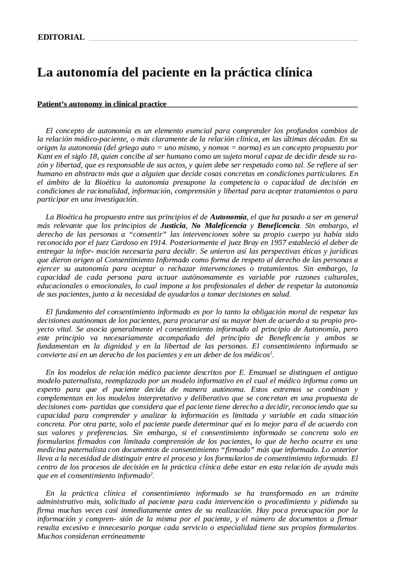 Autonomía del paciente en la práctica clínica: Respeto a su decisión ...