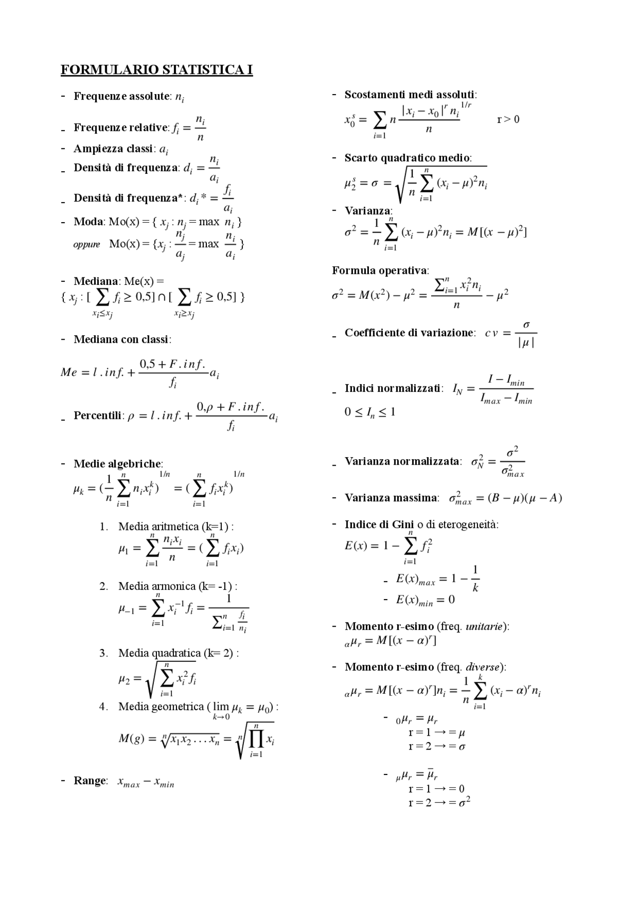 Formulario di Statistica I - Docsity