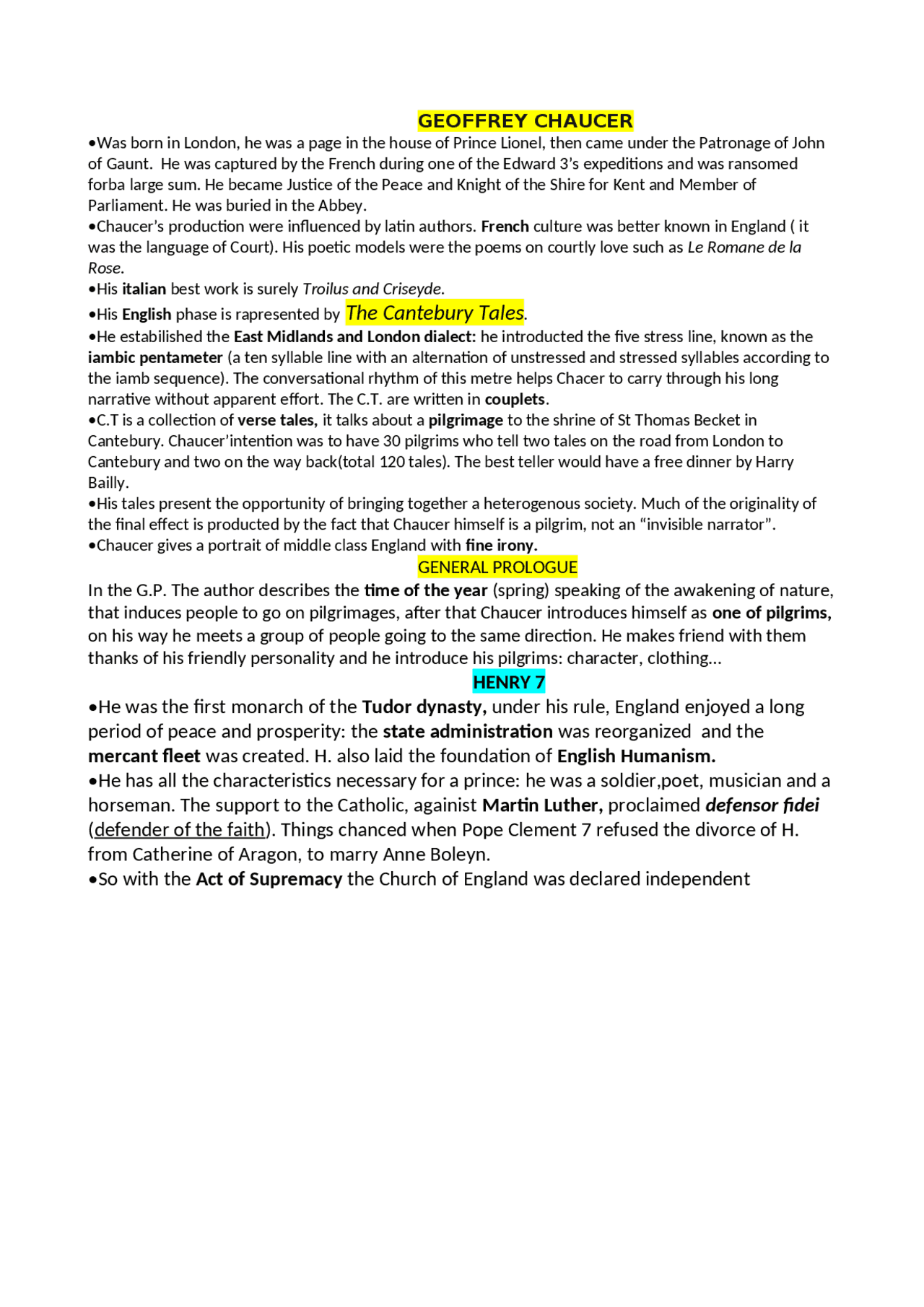 Geoffrey Chaucer e Henry 7 - Docsity