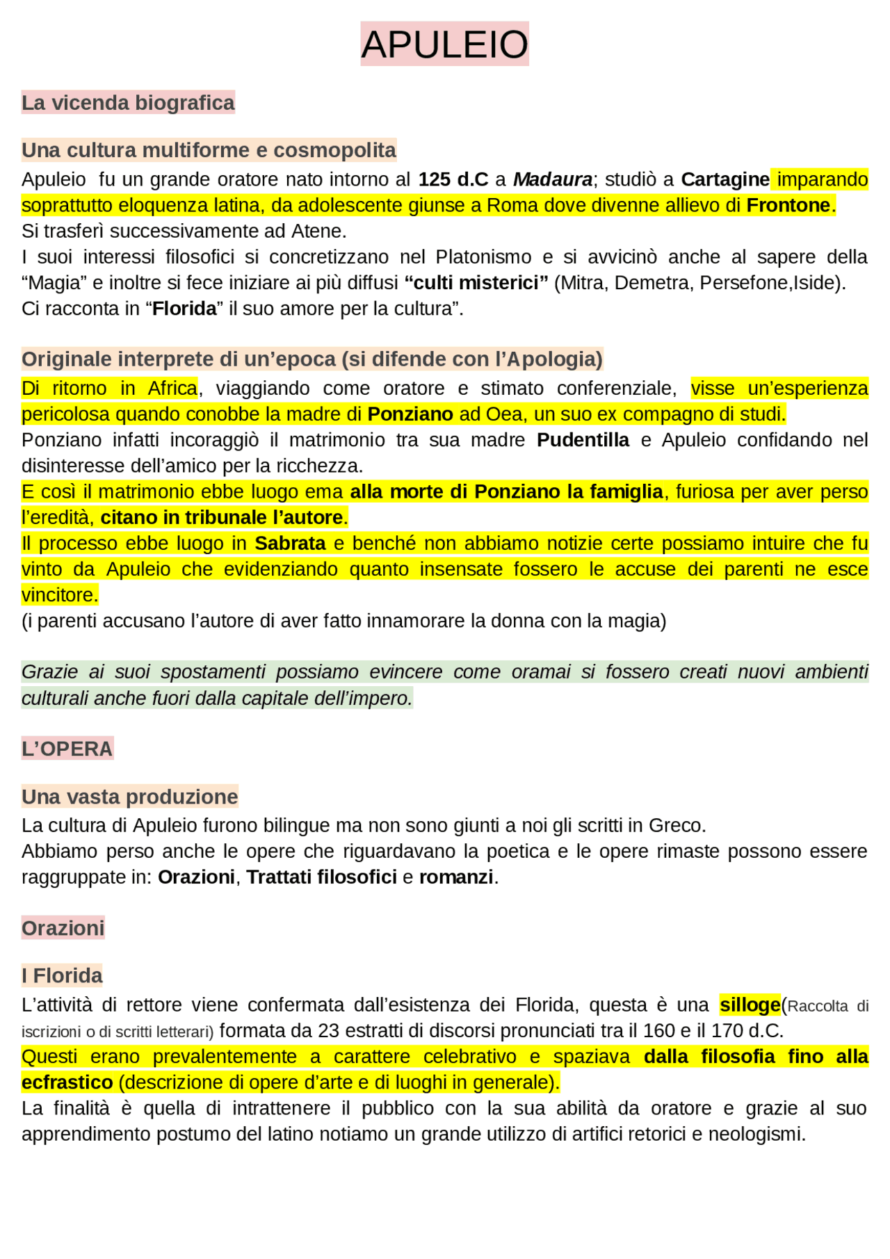 Riassunto in breve di Apuleio | Schemi e mappe concettuali di Latino - Docsity
