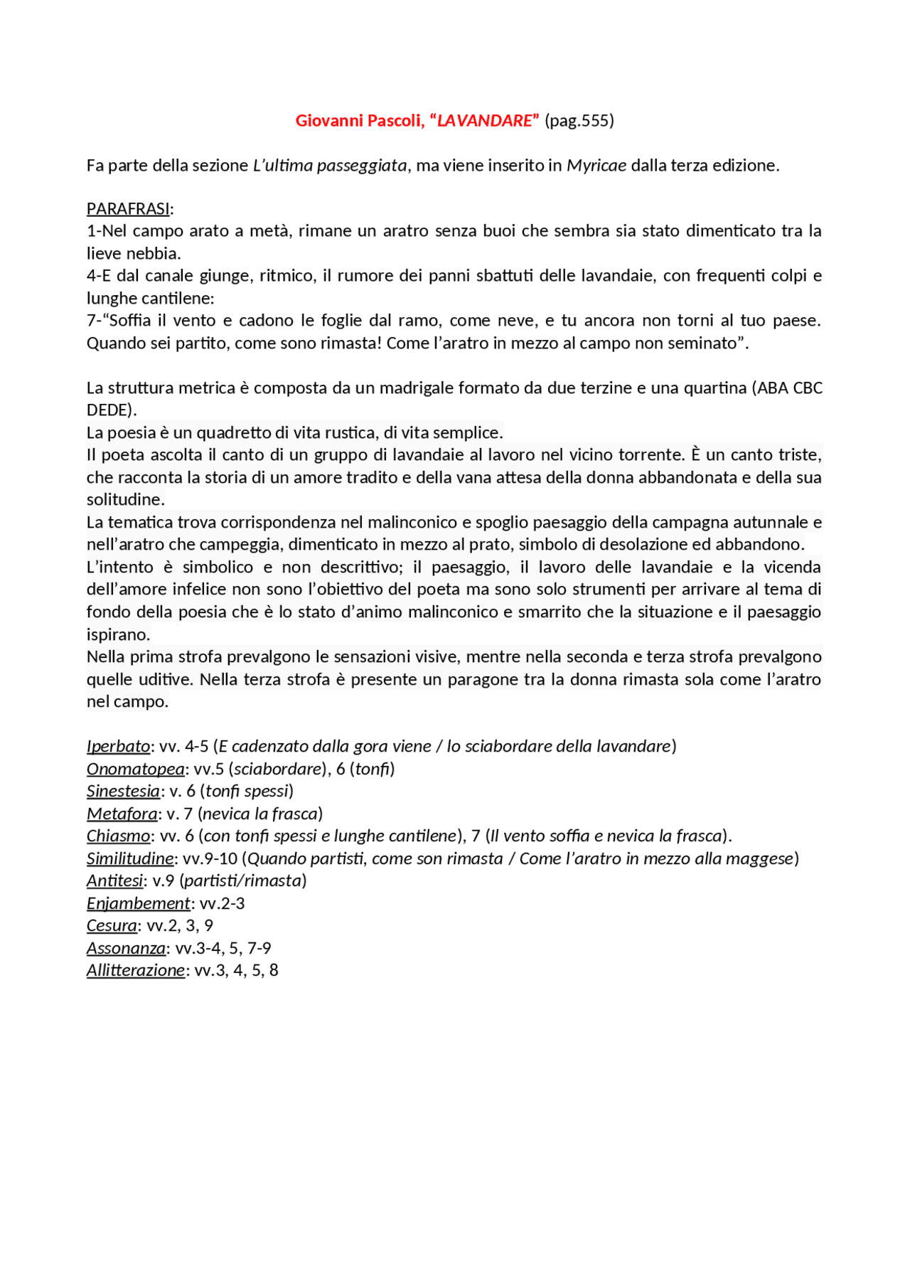 LAVANDARE - GIOVANNI PASCOLI - Docsity