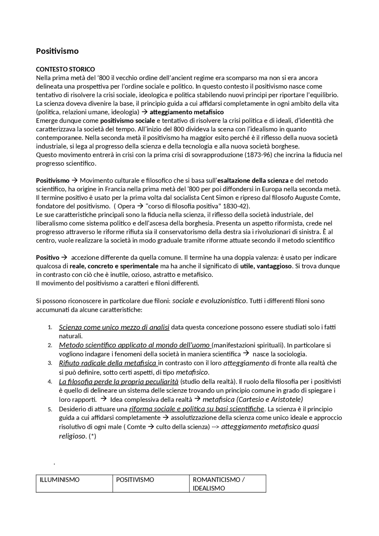 Positivismo Concetti Chiave Docsity