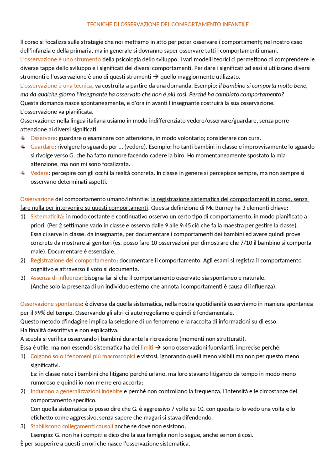 Appunti Tecniche Di Osservazione Del Comportamento Infantile Docsity