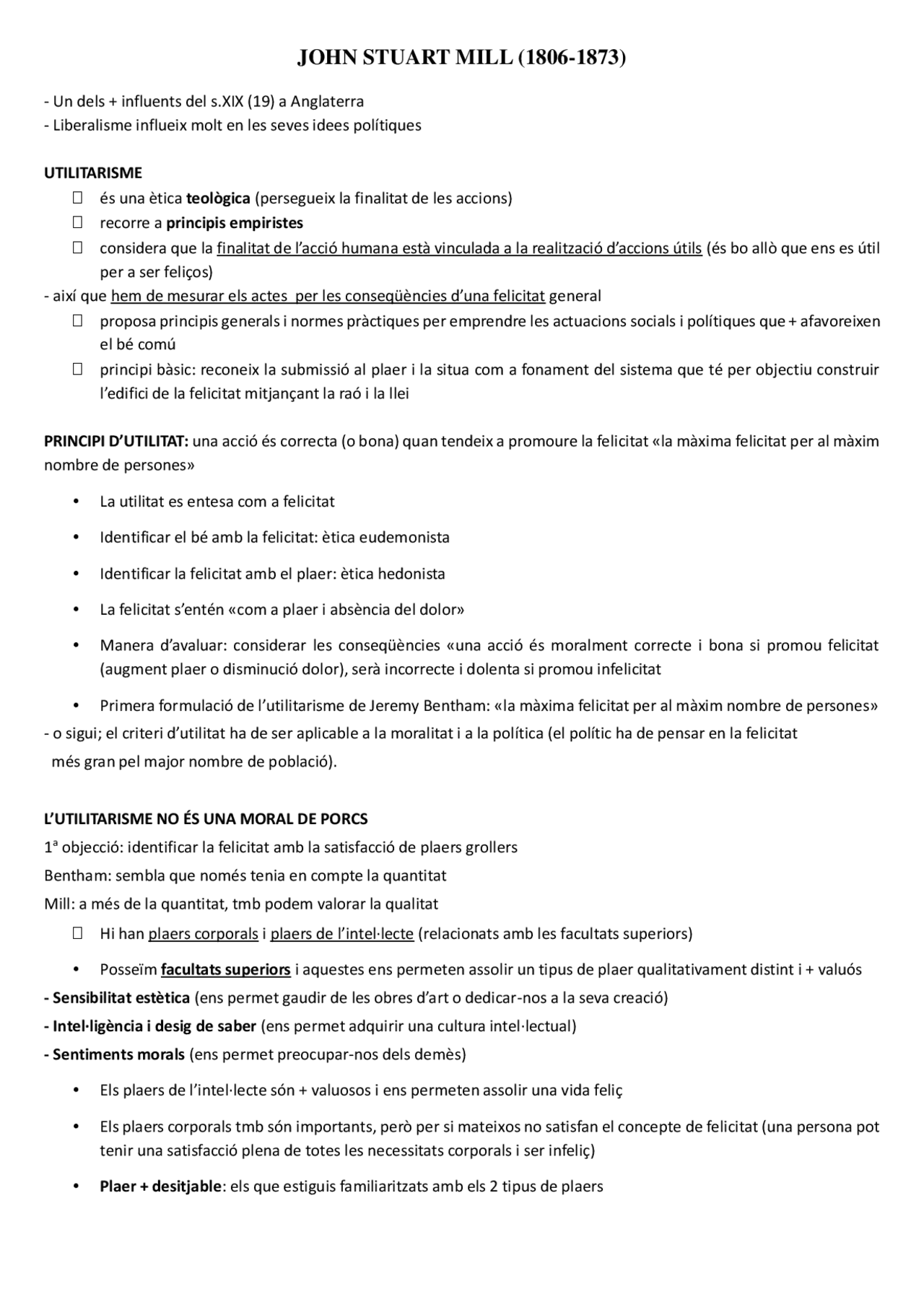 STUART MILL UTILITARISME - Docsity