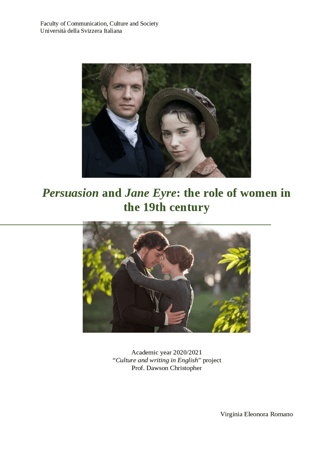 Persuasion and Jane Eyre: the role of women in the 19th century - Docsity