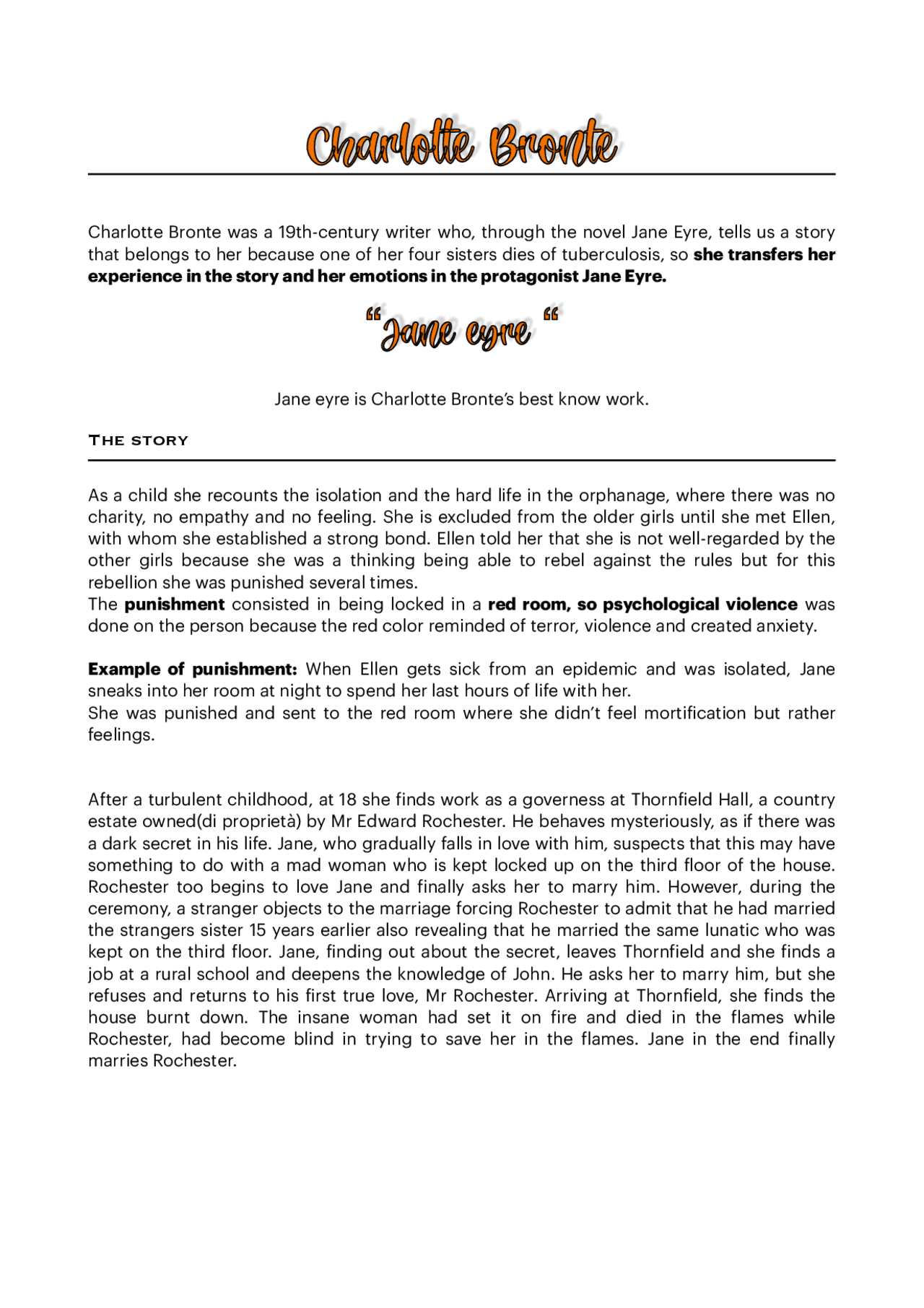 Charlotte Bronte and "Jane eyre “ - Docsity