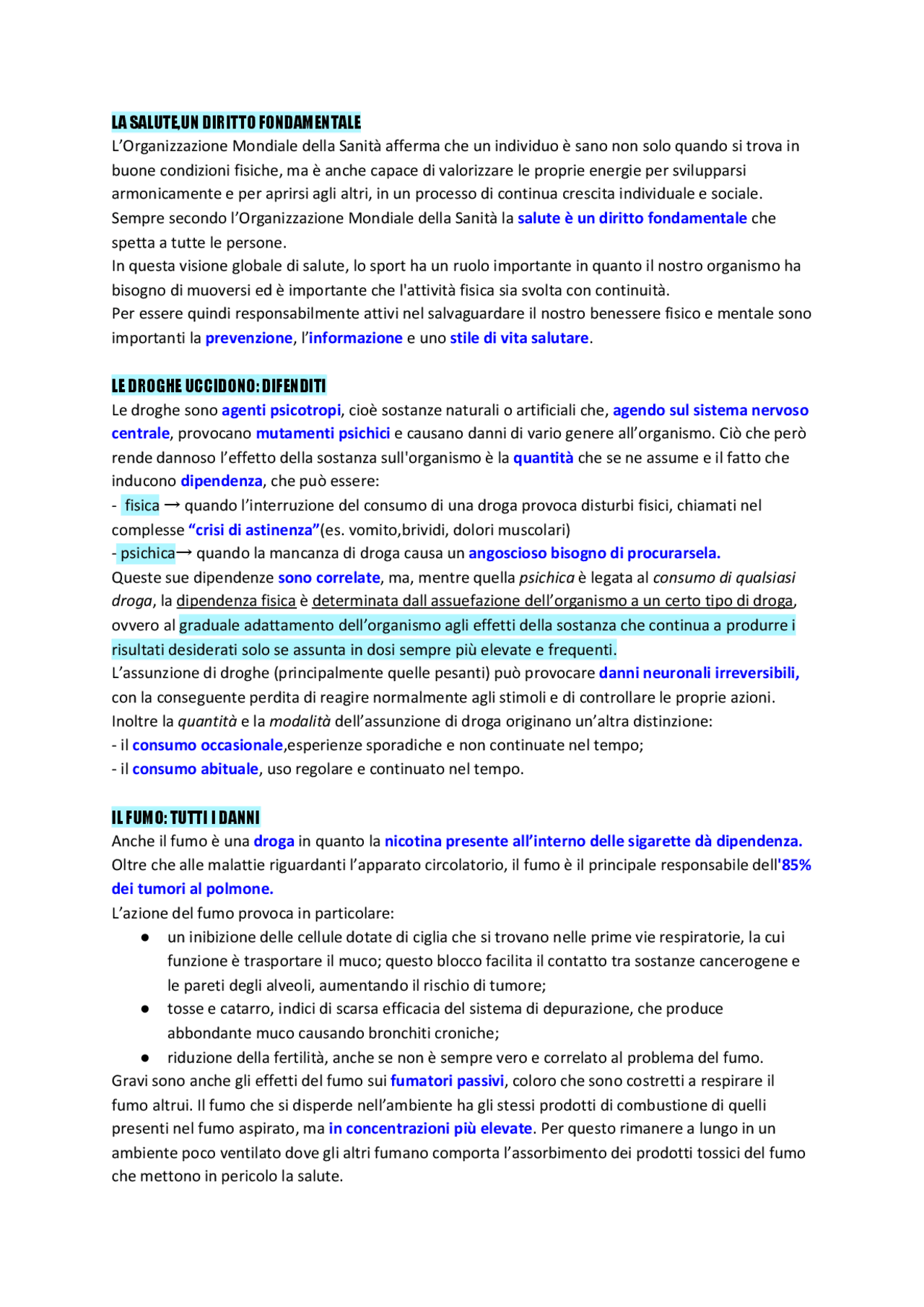 Riassunto sulle droghe il fumo e l'alcol | Appunti di Educazione fisica | Docsity