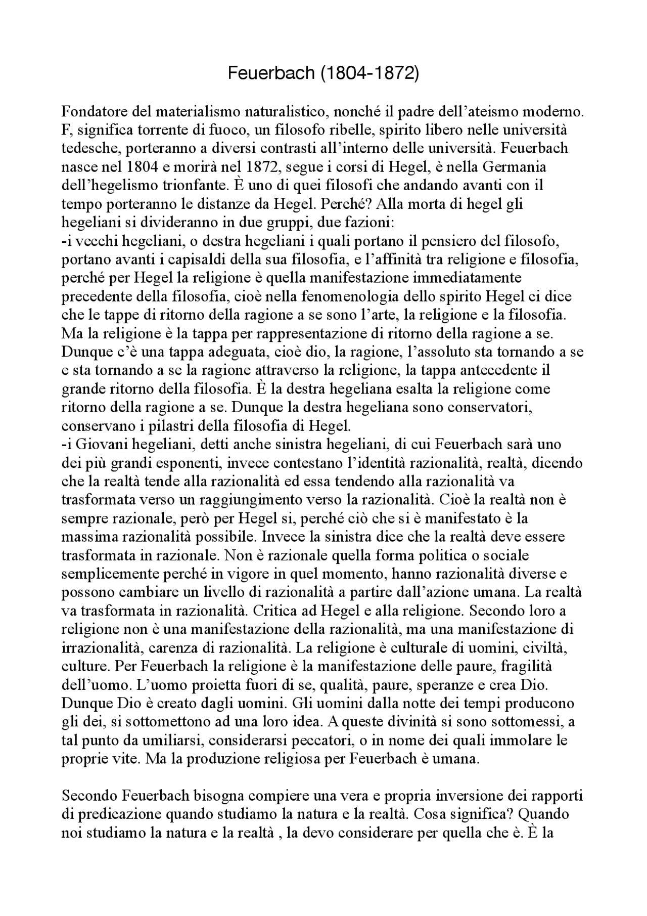 Feuerbach Filosofia Appunti Liceo Docsity