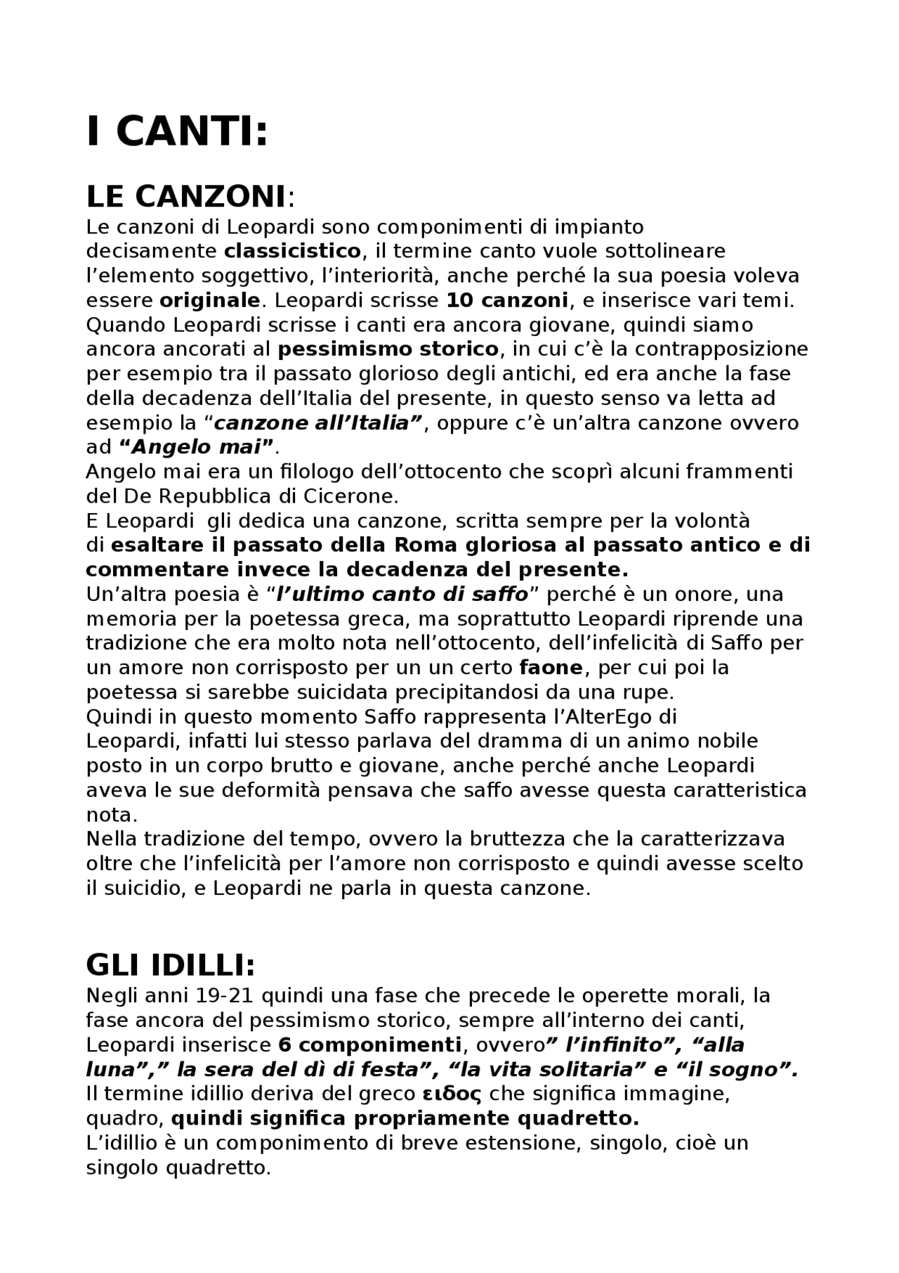 Leopardi I Canti Spiegazione Docsity