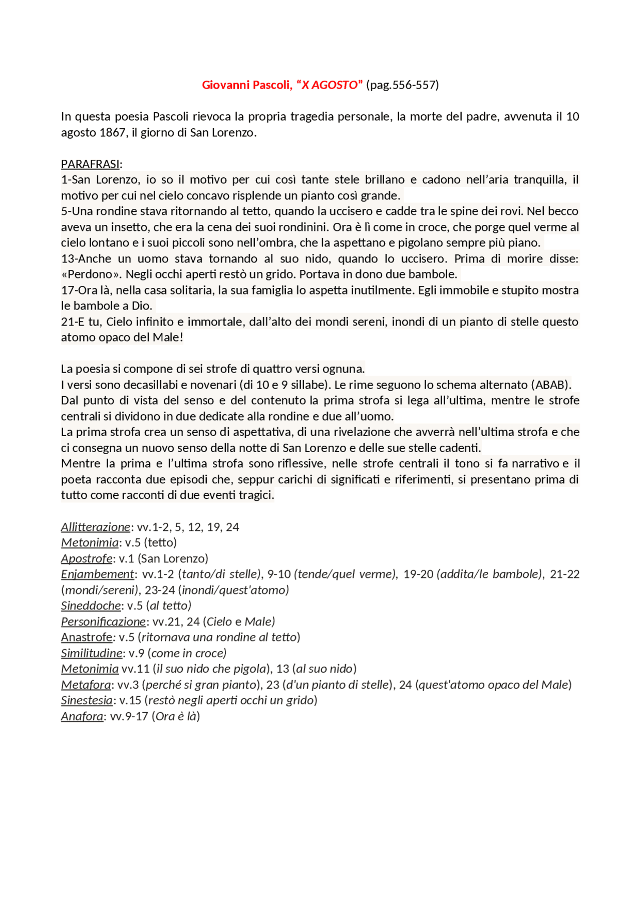 X AGOSTO - GIOVANNI PASCOLI - Docsity