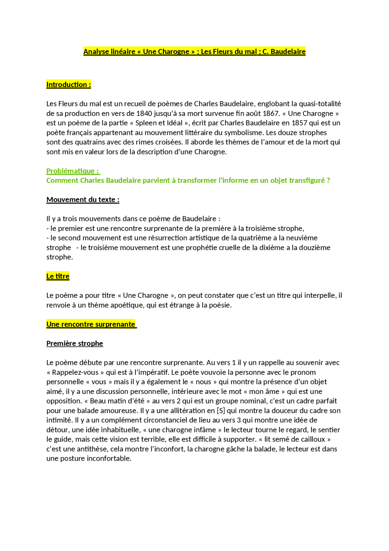 Analyse Une Charogne Exercices Français Docsity