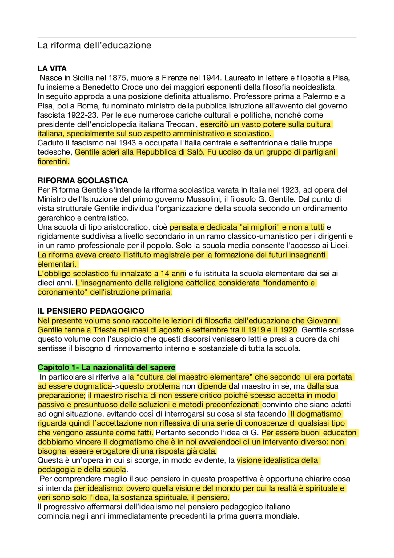 Giovanni Gentile Riforma Delleducazione Docsity