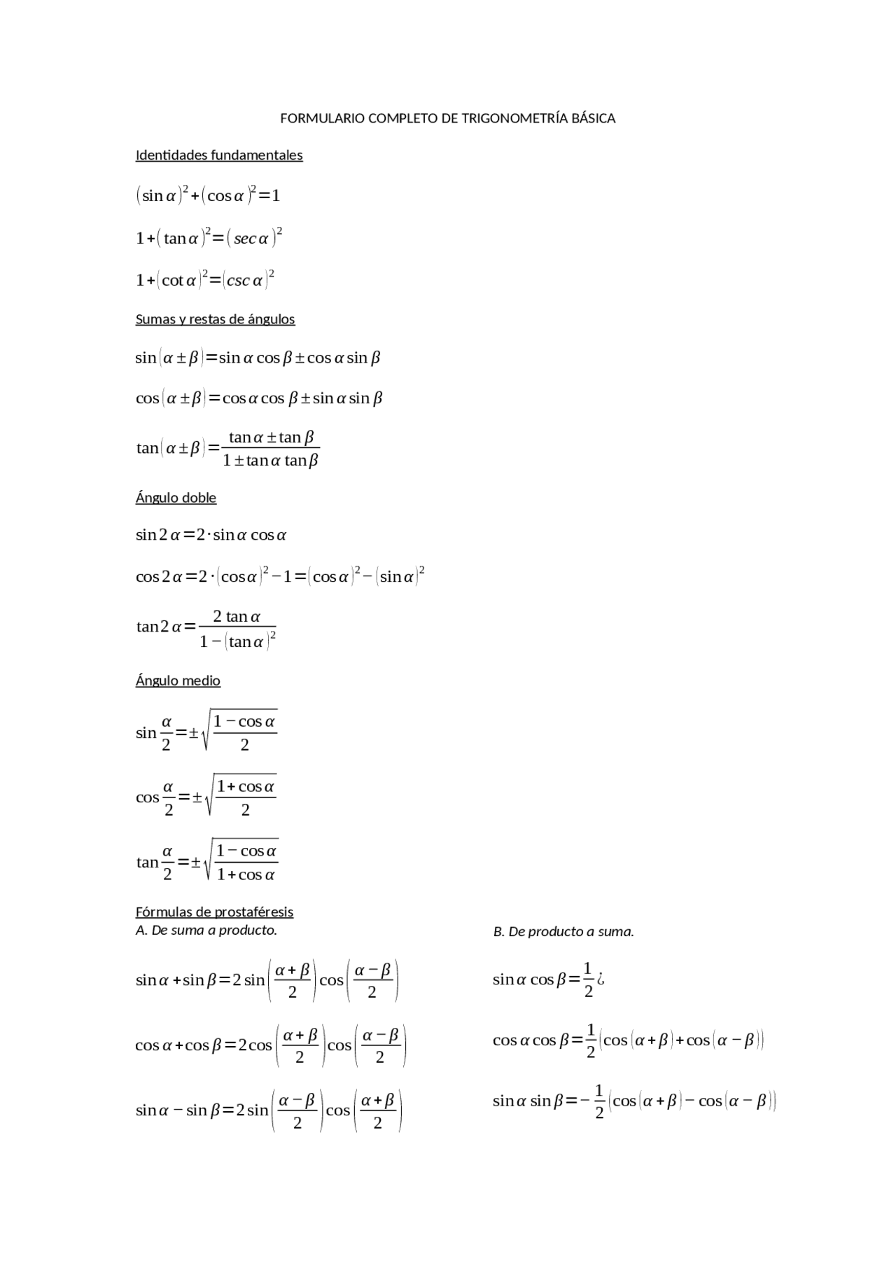 Formulario de trigonometría básica. - Docsity