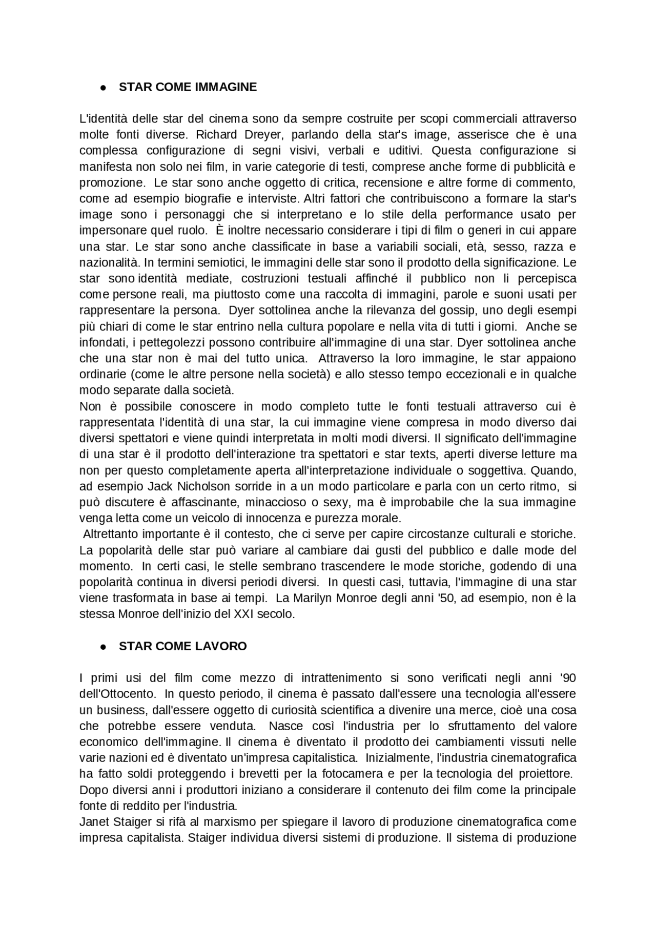 The Star System Riassunto Docsity