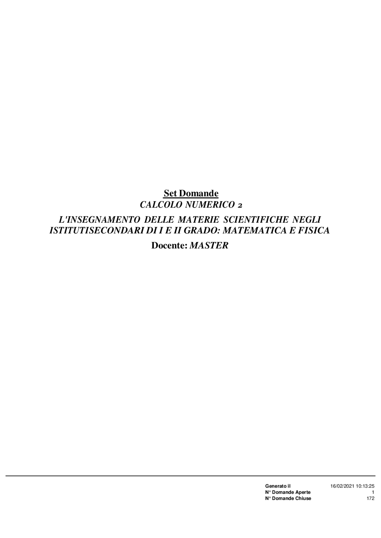 Paniere Calcolo Numerico 2 Master Docsity