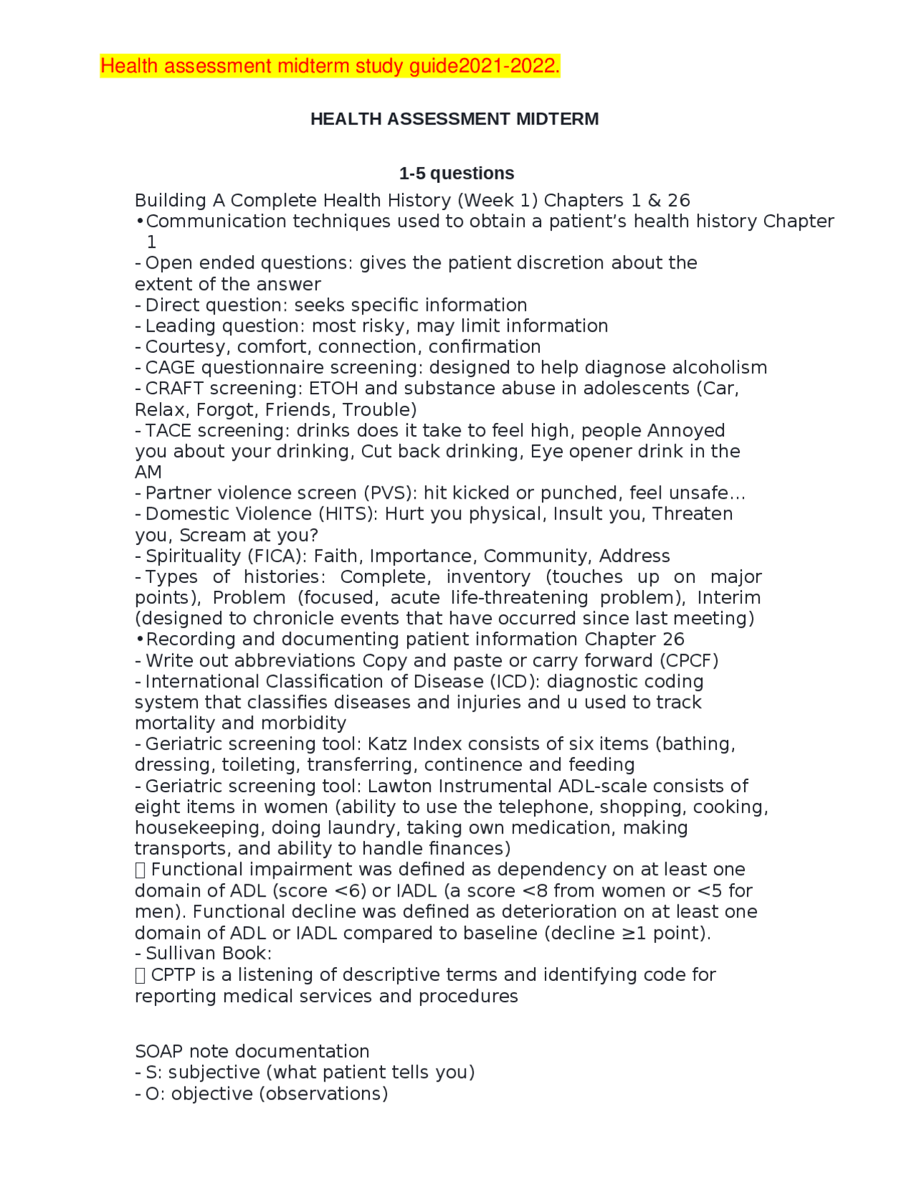 Health assessment midterm study guide. - Docsity