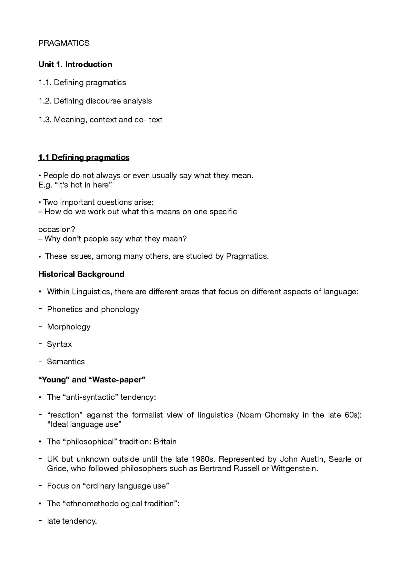 Unit 1 Pragmatics And Discourse Docsity