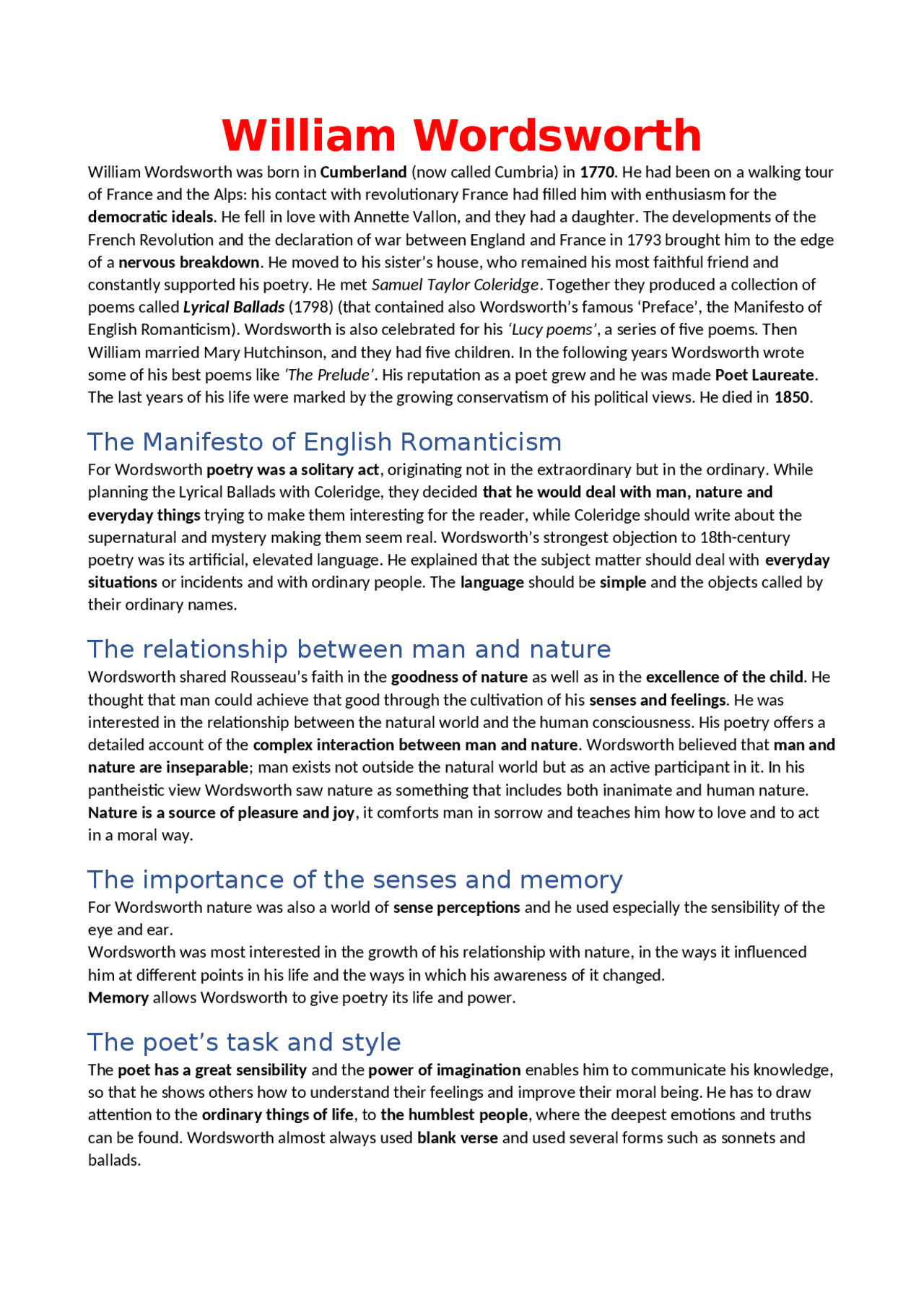 William Wordsworth life and works - Docsity