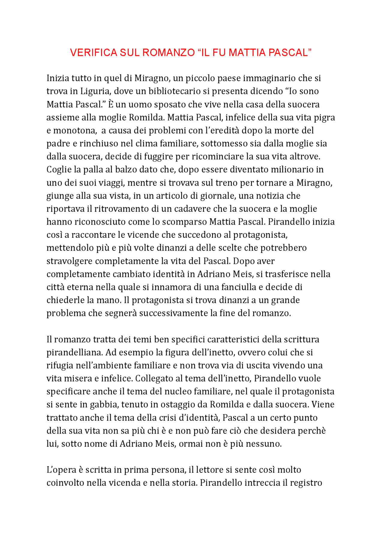 Riassunto Il Fu Mattia Pascal” Docsity