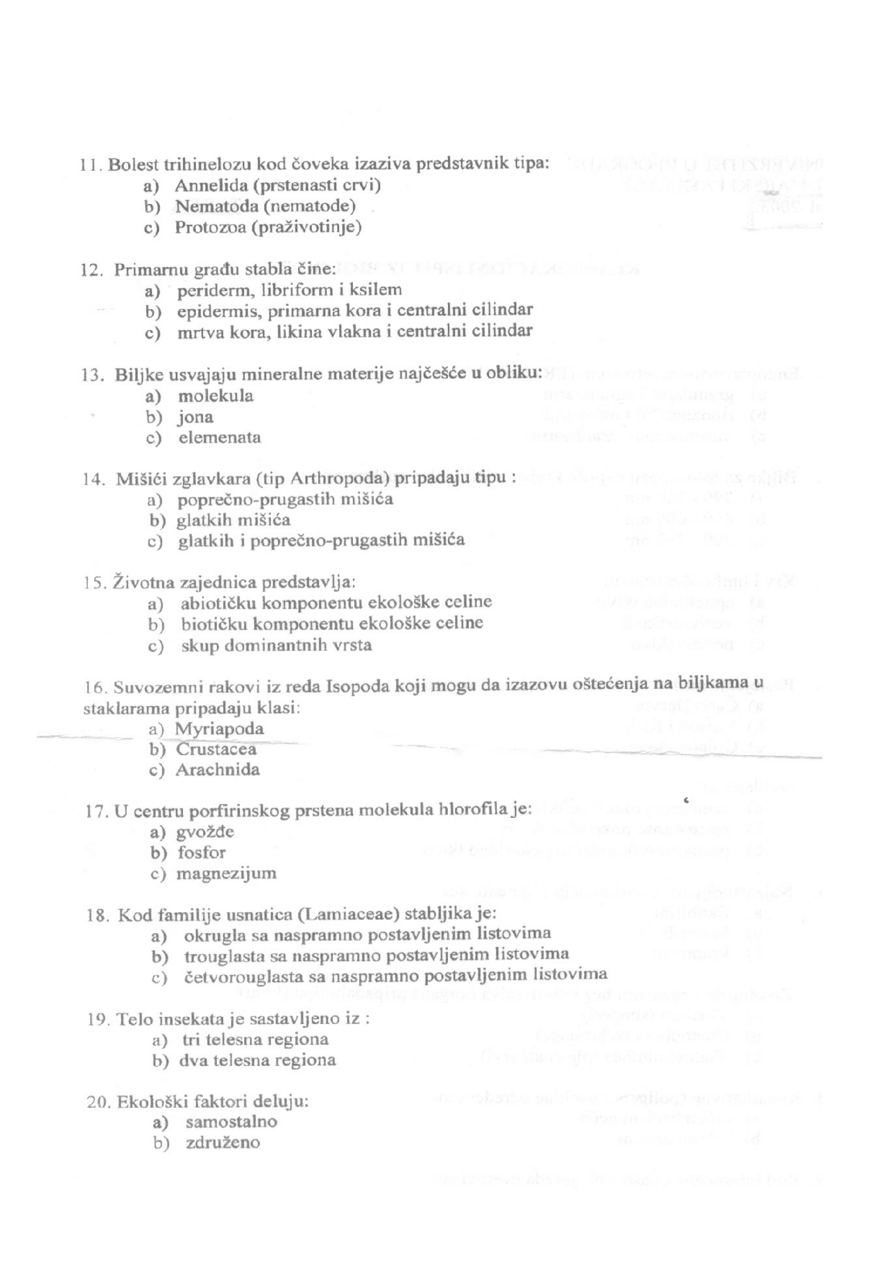 Klasifikacioni Ispit Iz Biologije Prijemni Ispiti Predlog Biologija