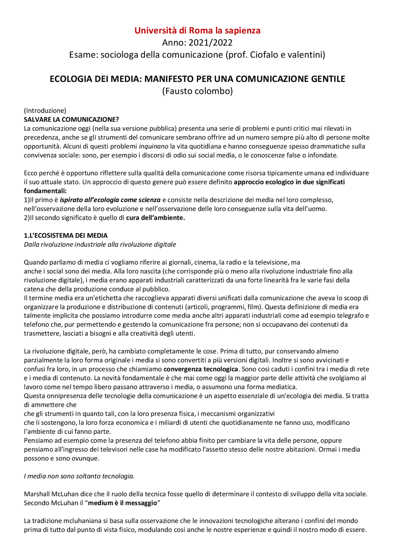 Ecologia Dei Media Riassunto Libro Docsity