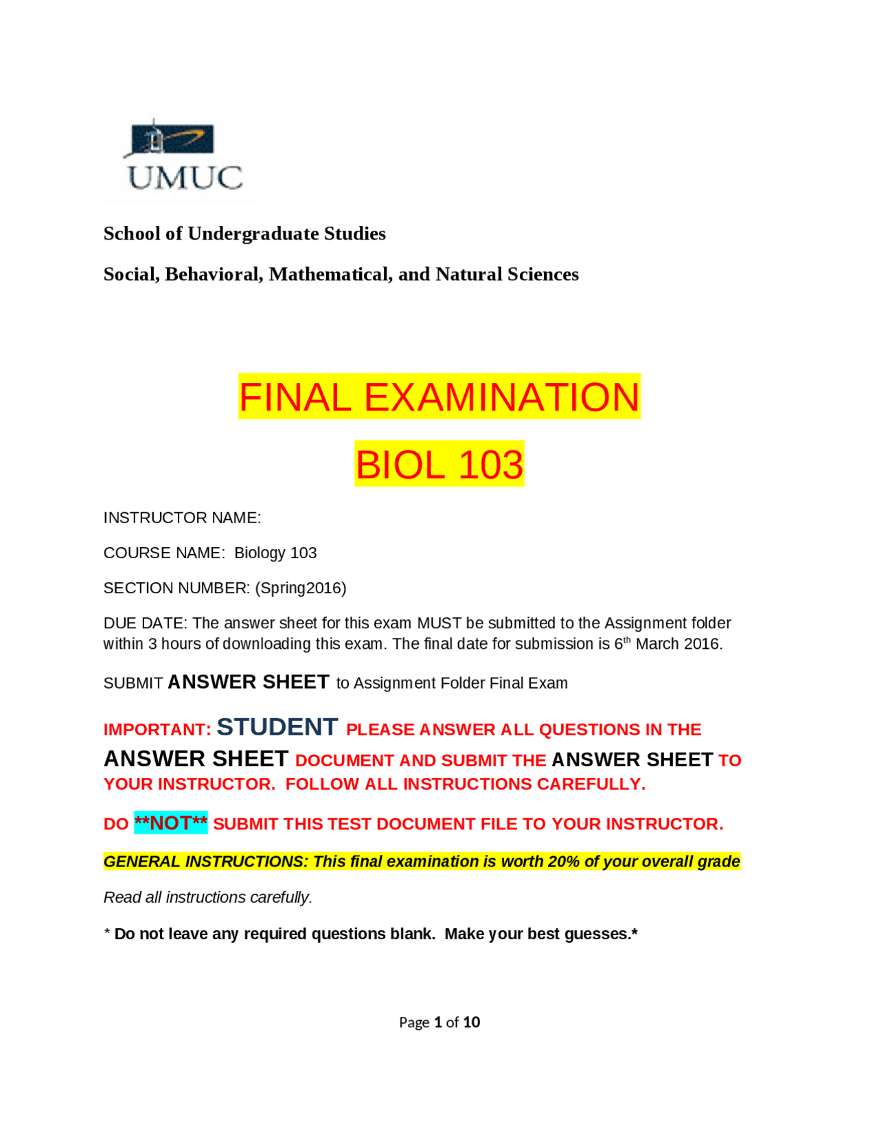 FINAL EXAMINATION BIOL 103 - Docsity