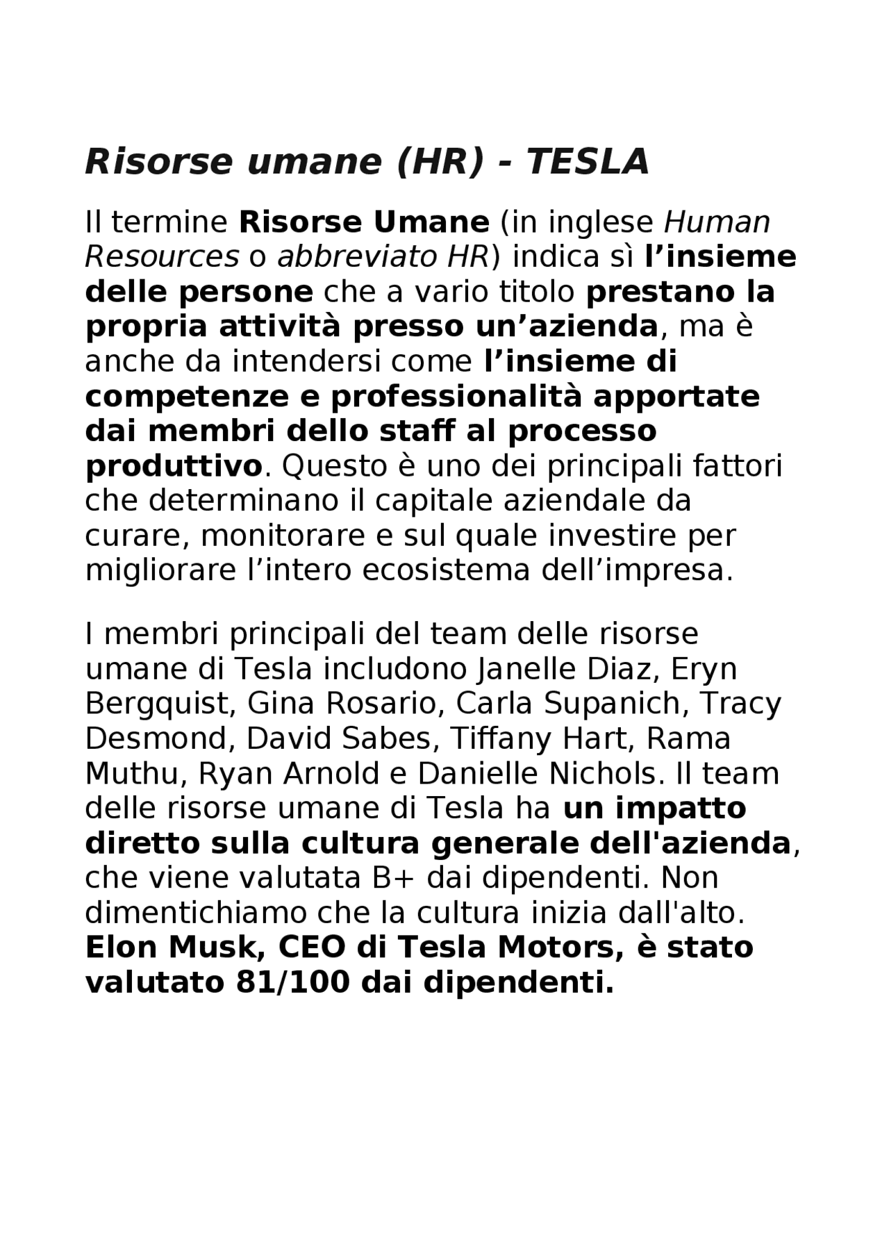 Risorse umane TESLA - HR TESLA - Docsity