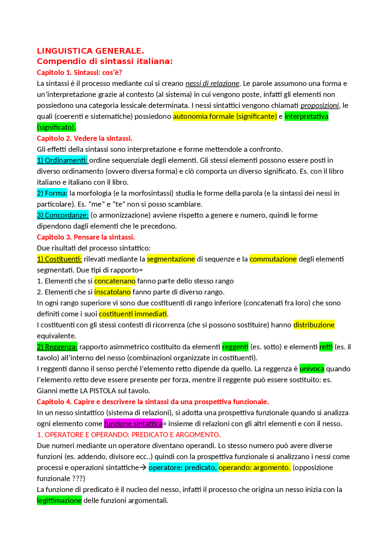 Compendio di sintassi italiana - Docsity