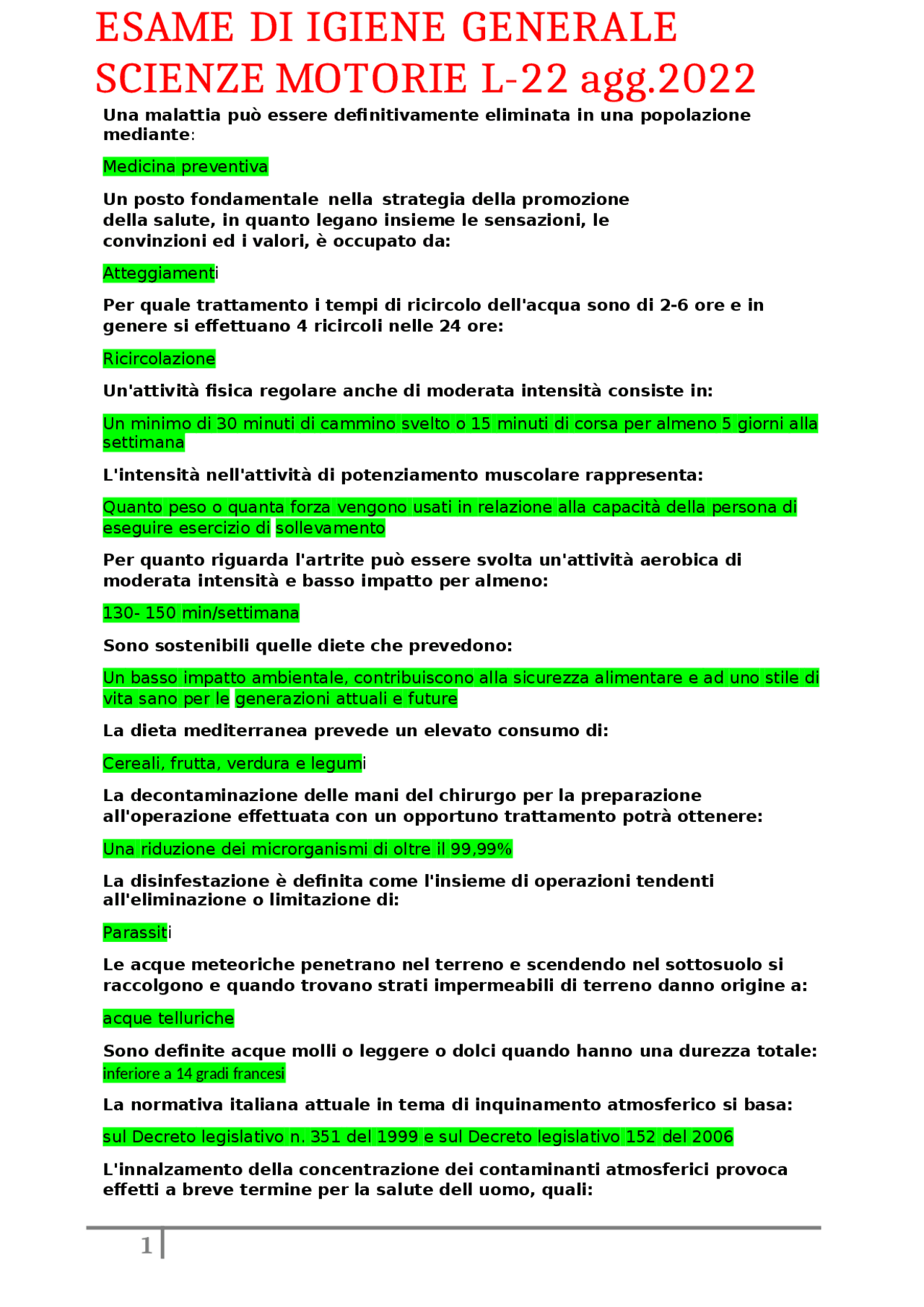 Esame Di Igiene Generale Scienze Motorie L 22 Agg2022 Docsity
