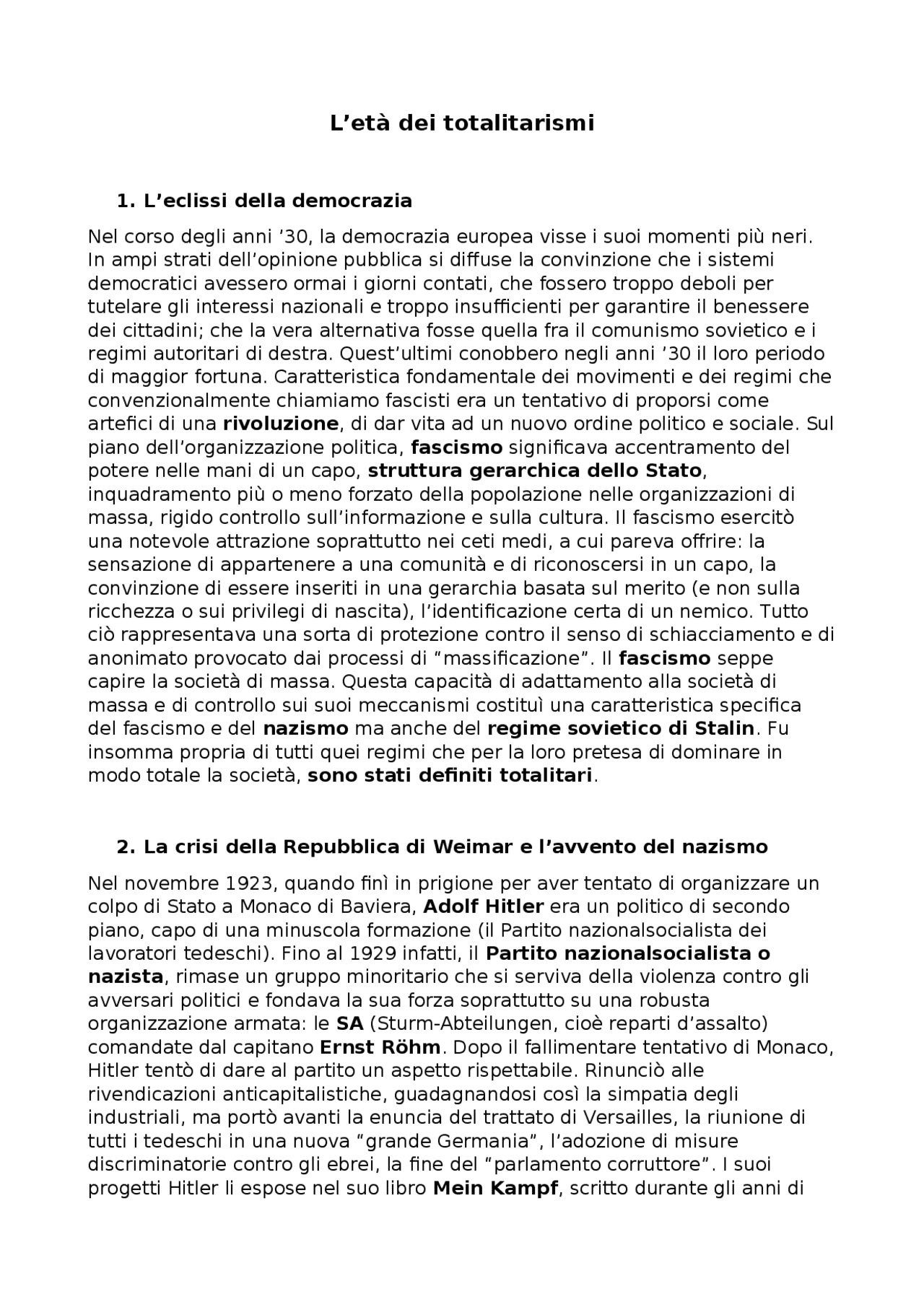 Letà Dei Totalitarismi Schemi E Mappe Concettuali Di Storia Docsity