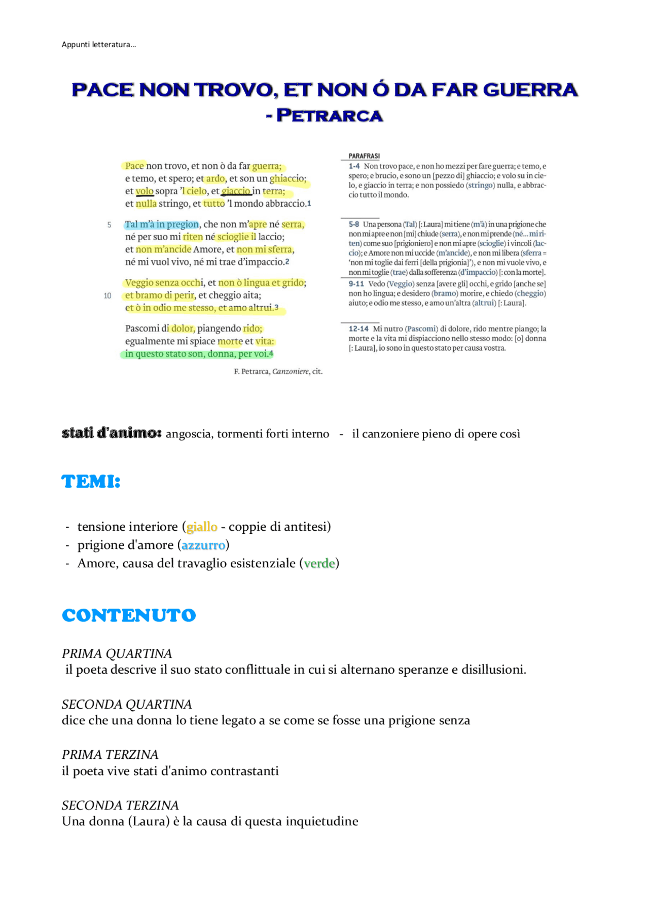 Pace non trovo i Petrarca - Docsity