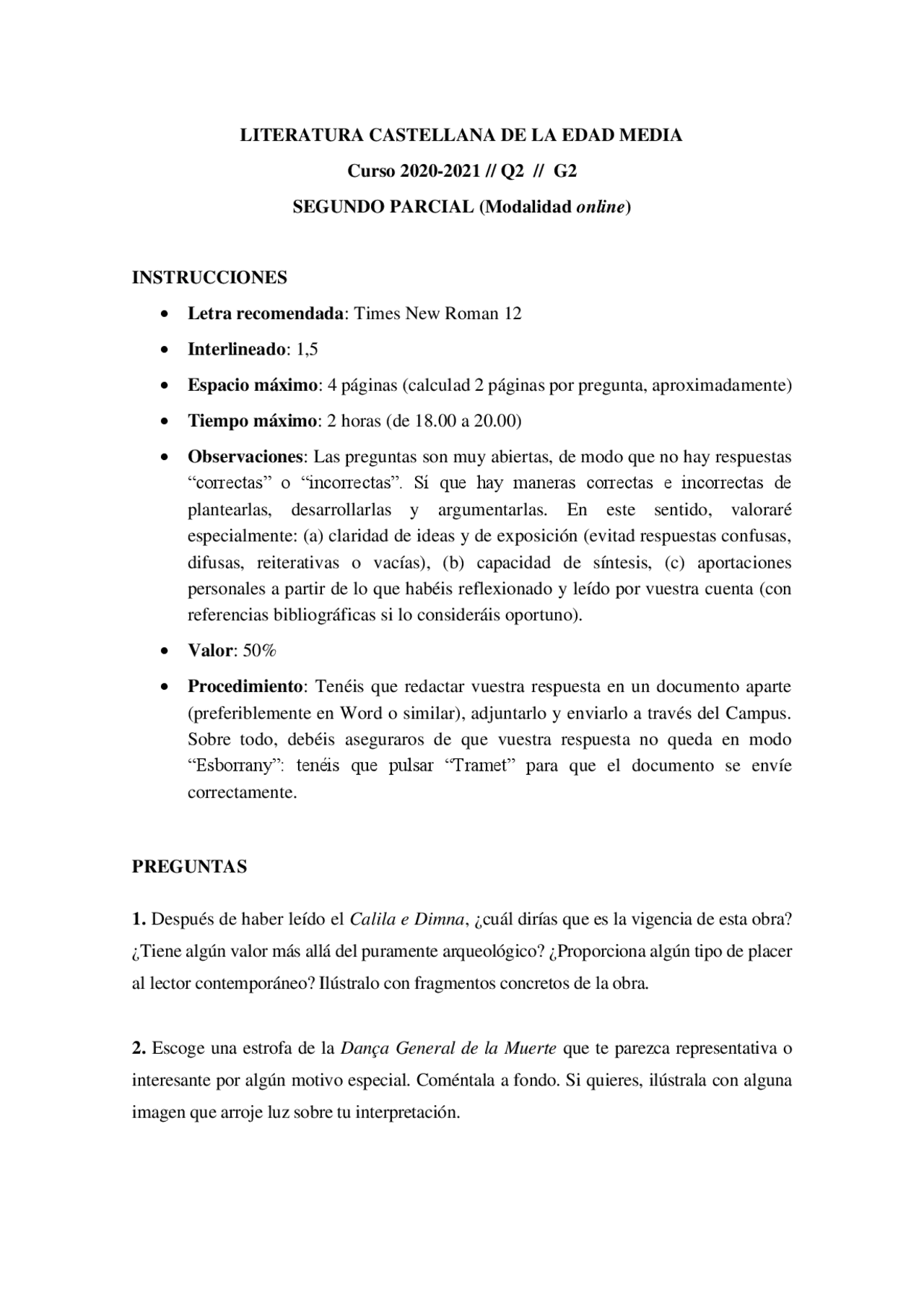 Examen literatura castellana de la Edad Media | Exámenes de Literatura ...
