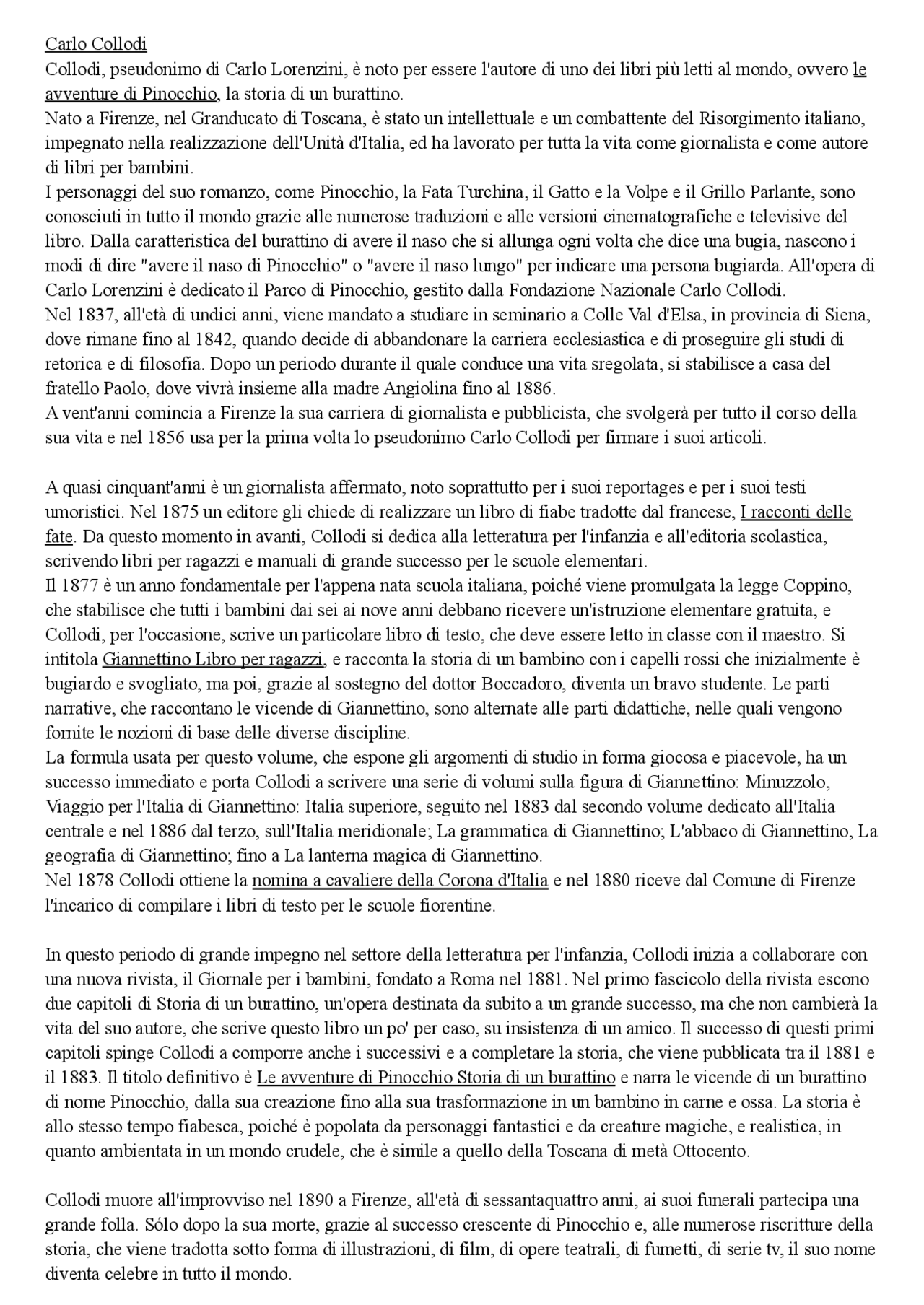 Carlo Collodi Riassunto Docsity