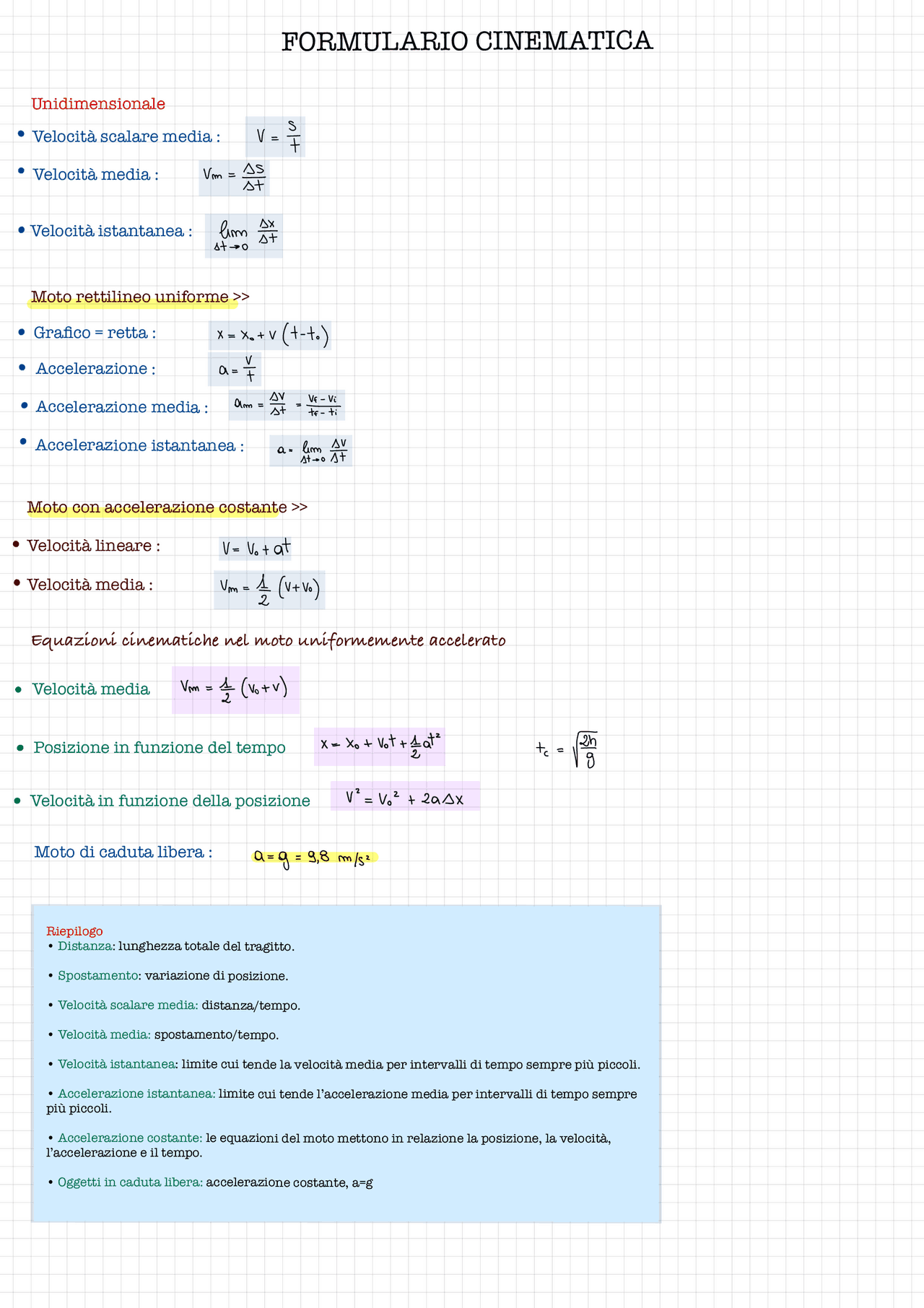 FORMULARIO Cinematica Unidimensionale e Bidimensionale - Docsity