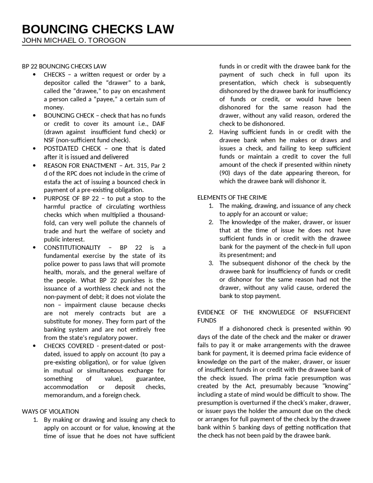 Bouncing Checks Law Summary Notes Reviewer | Summaries Law | Docsity
