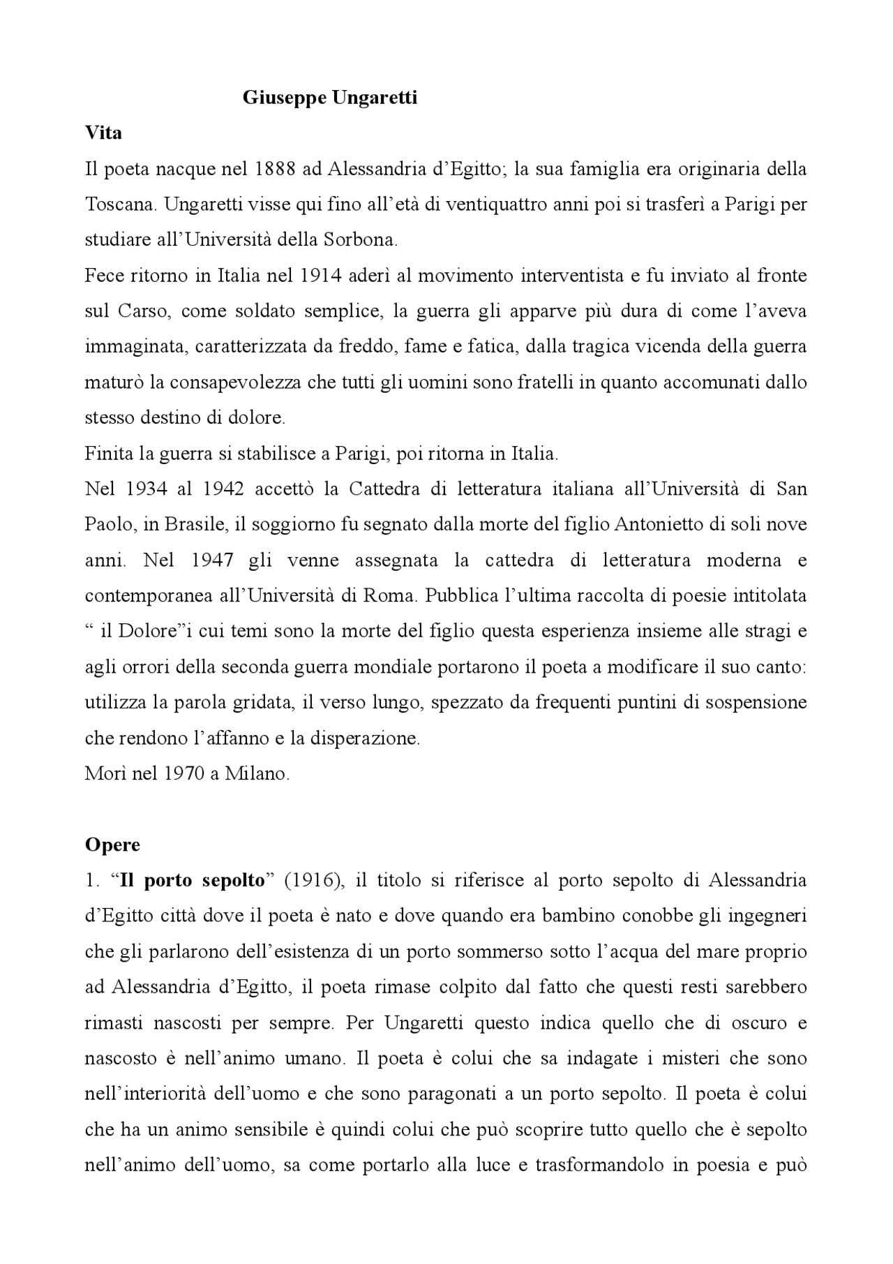 Sintesi Di Vita Ed Opere Di Ungaretti Docsity