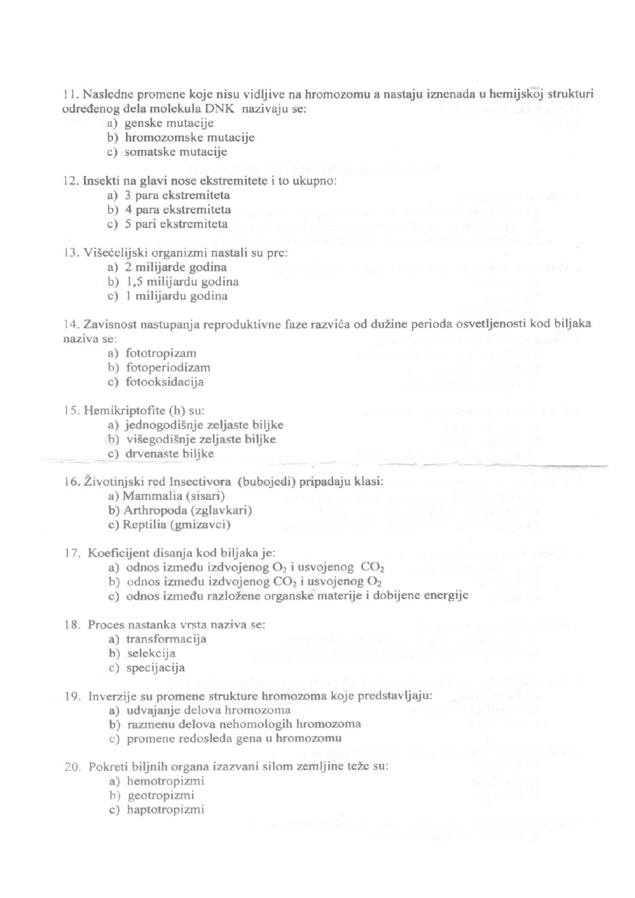 Klasifikacioni Ispit Iz Biologije Prijemni Ispiti Predlog Biologija