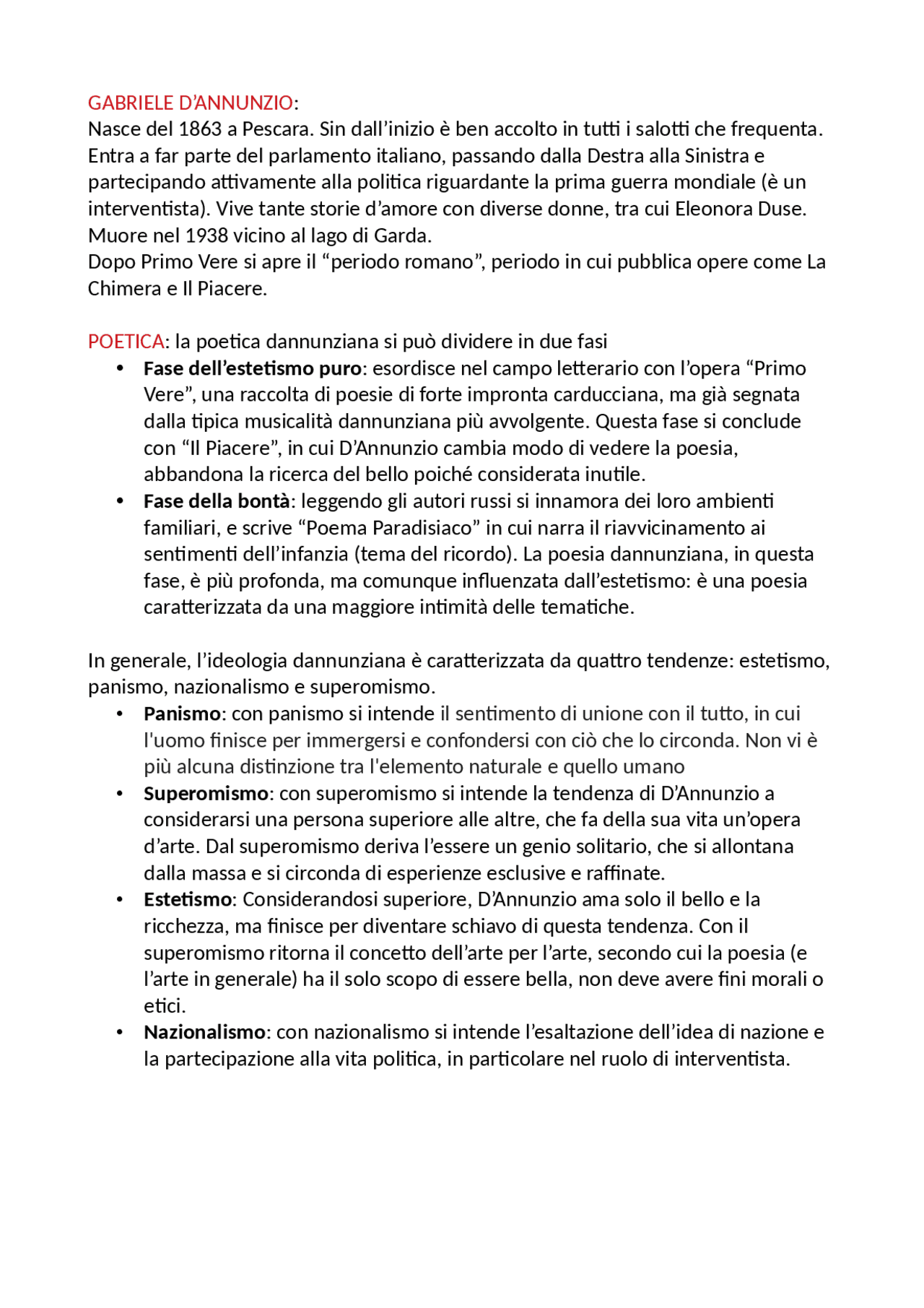 Gabriele Dannunzio Riassunto Appunti Di Italiano Docsity