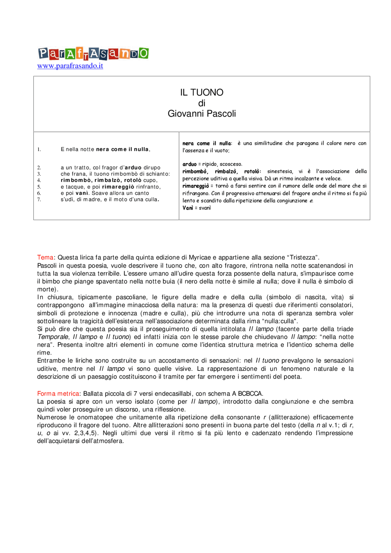 Il tuono - giovanni pascoli - analisi - Docsity