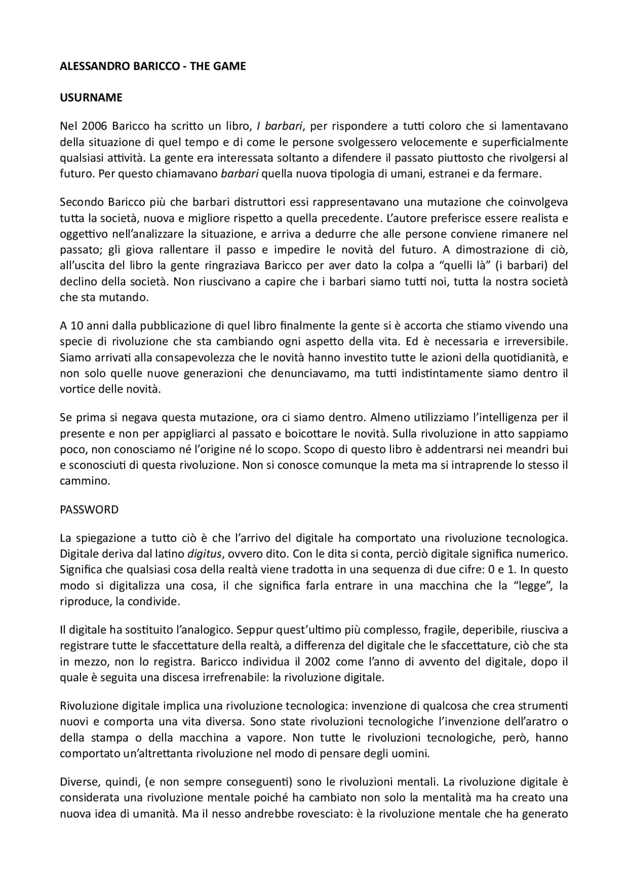 Alessandro Baricco The Game Appunti Di Teorie E Tecniche Del