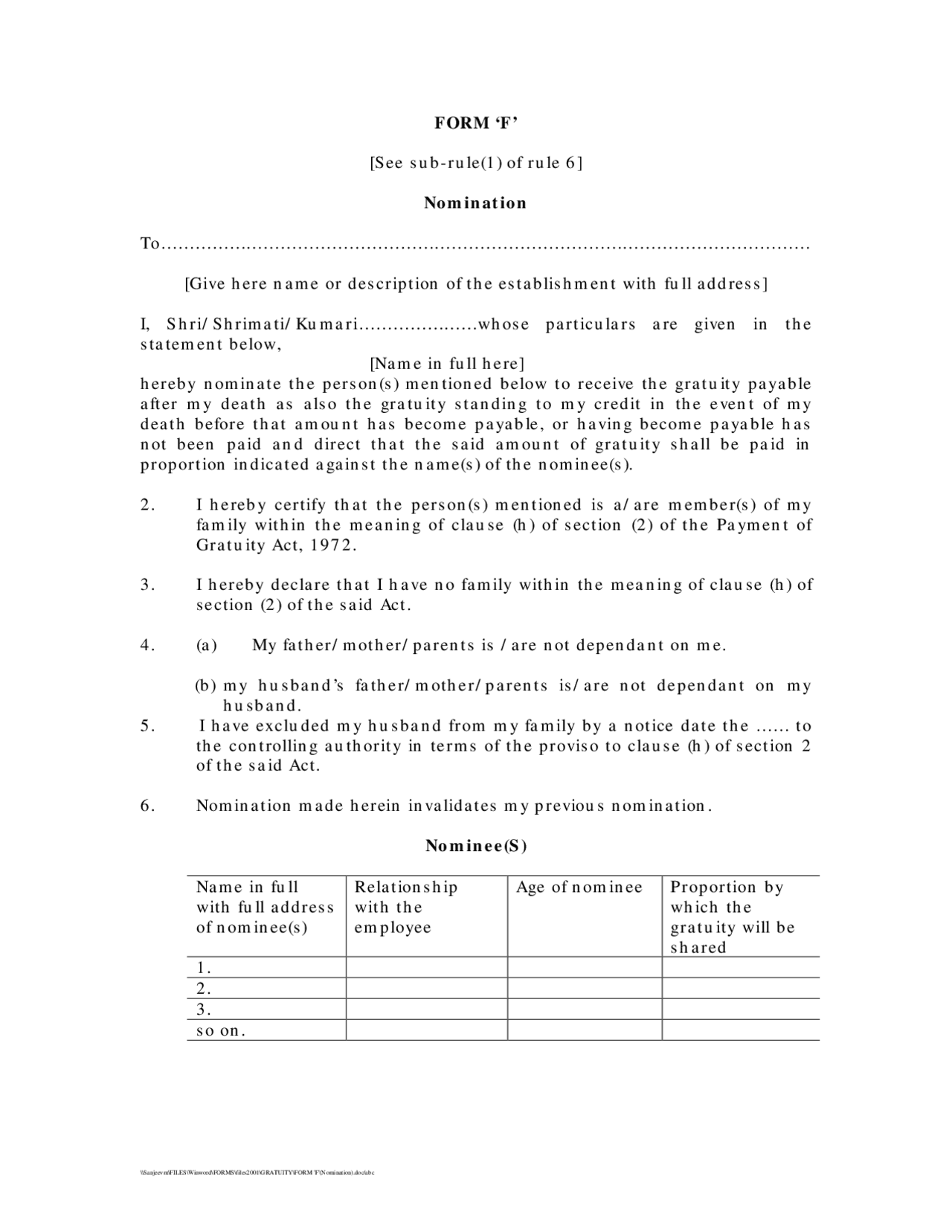 Gratuity Nomination Form 'F' | Cheat Sheet English | Docsity